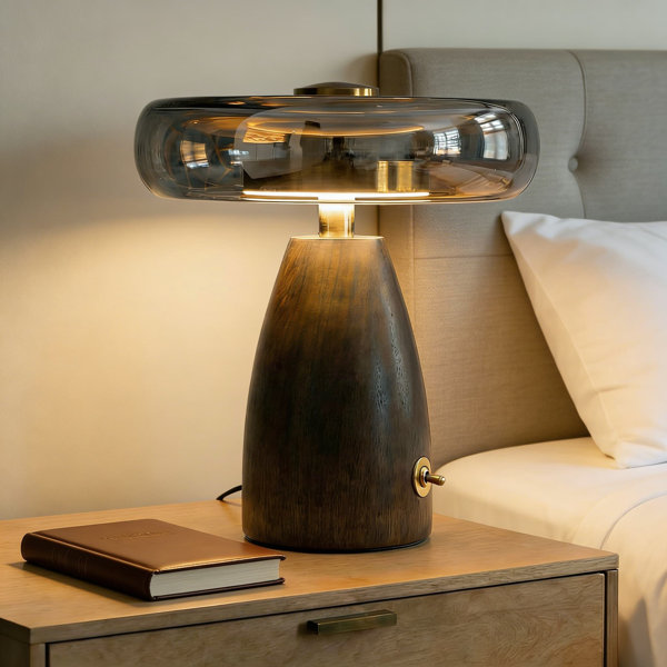 Latitude Run® Vintage Mushroom Table Lamp With Wood Base And Stained ...