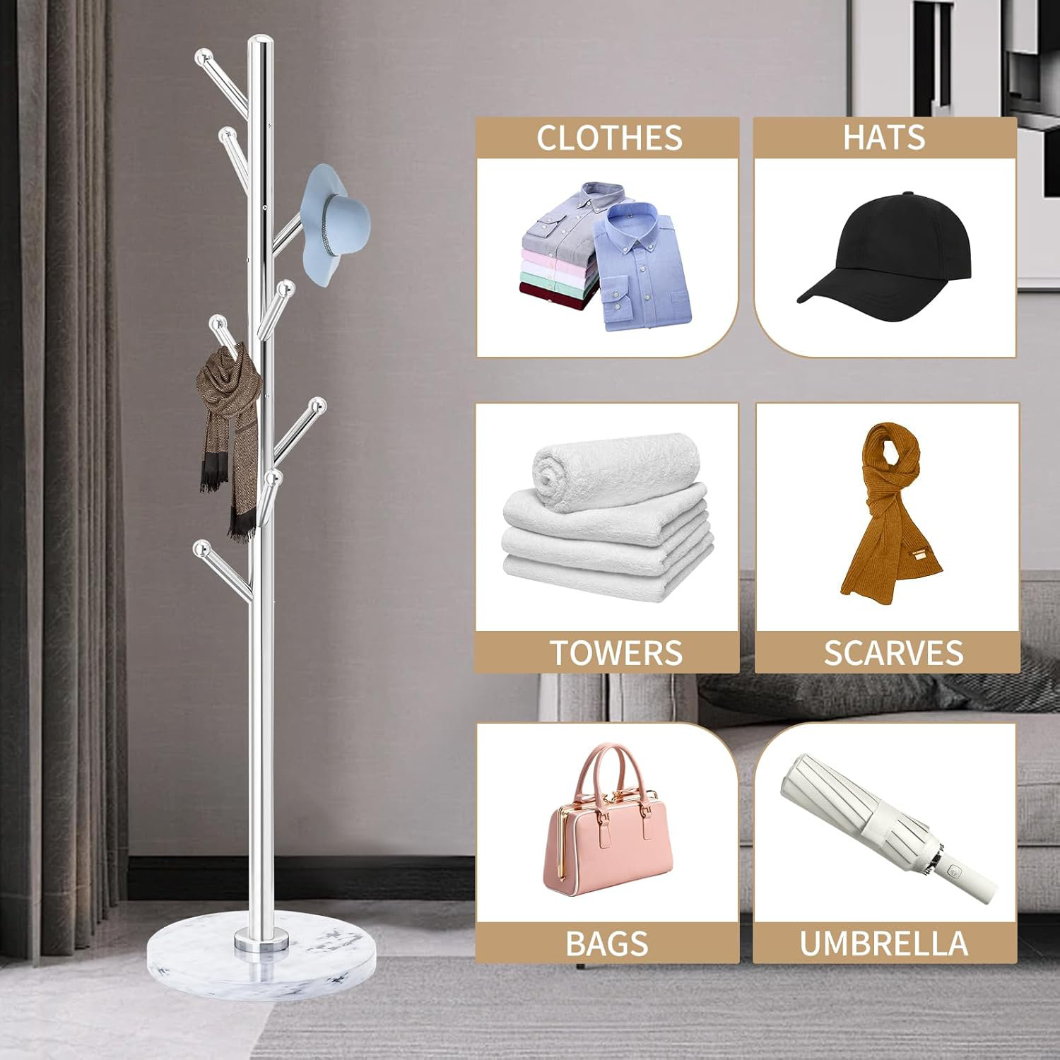 BEZULY Coat Rack Stand With Natural Marble Base | Wayfair