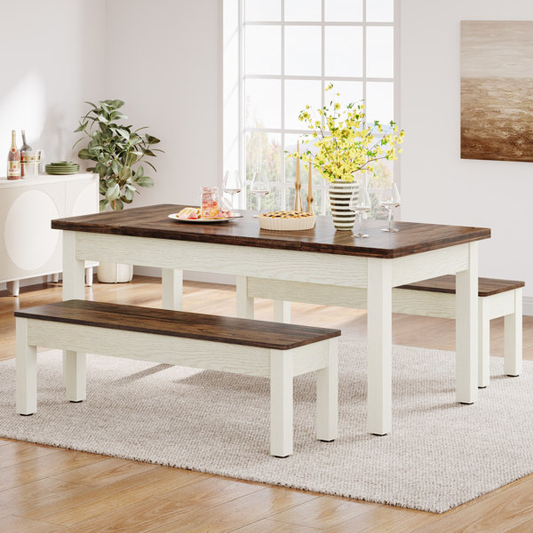 Gracie Oaks 3 Piece Dining Table Set With 2 Benchs, Farmhouse Wood ...