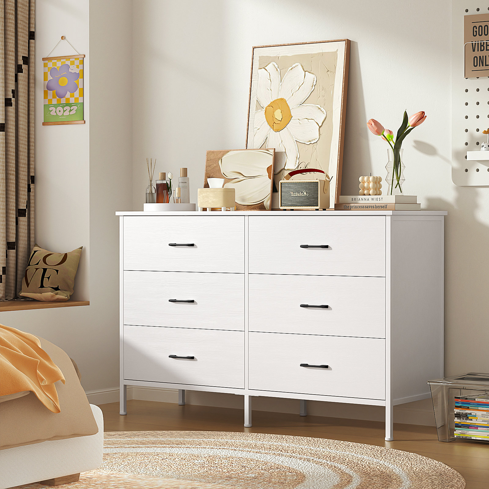 Ebern Designs 47.3'' Drawer Dresser, Wooden Chest Of 6 Drawers With Steel Frame, Modern Storage ...