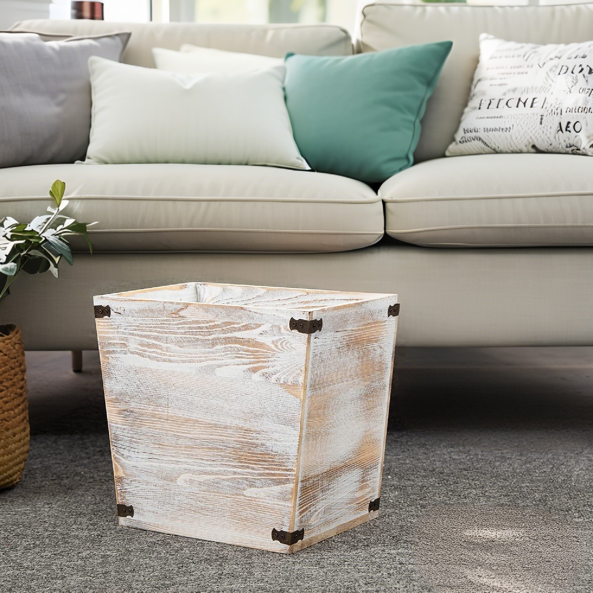 INTEGATOIC LLC Hand-Torched Wood Waste Bin With Industrial Metal ...