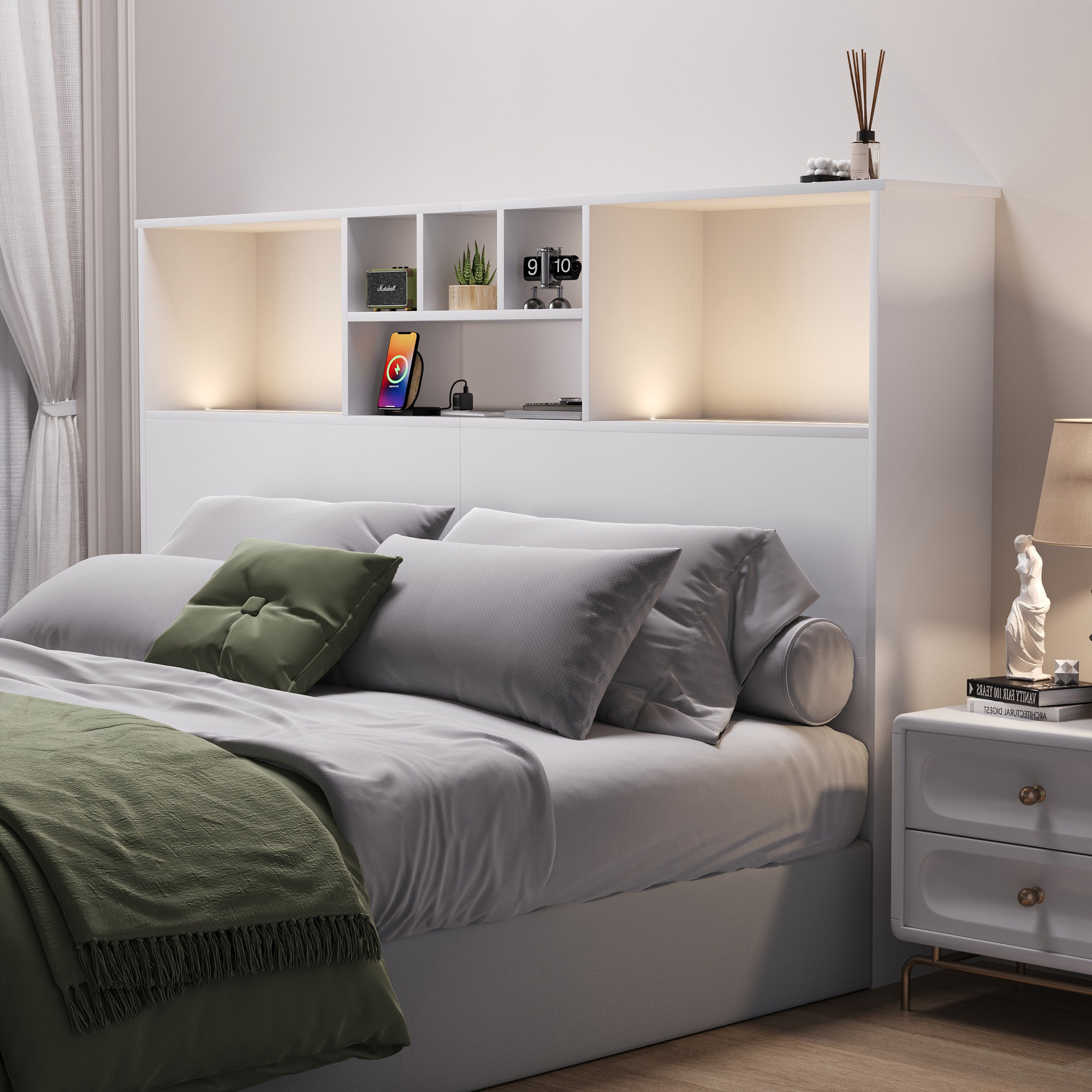 Ivy Bronx Modern Wooden Bookcase Headboard with Adjustable LED Lights ...