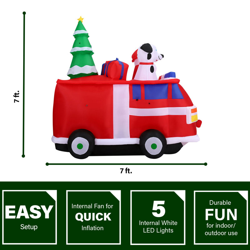 Fraser Hill Farm 7-Ft. Pre-Lit Inflatable Santa in Fire Truck | Wayfair