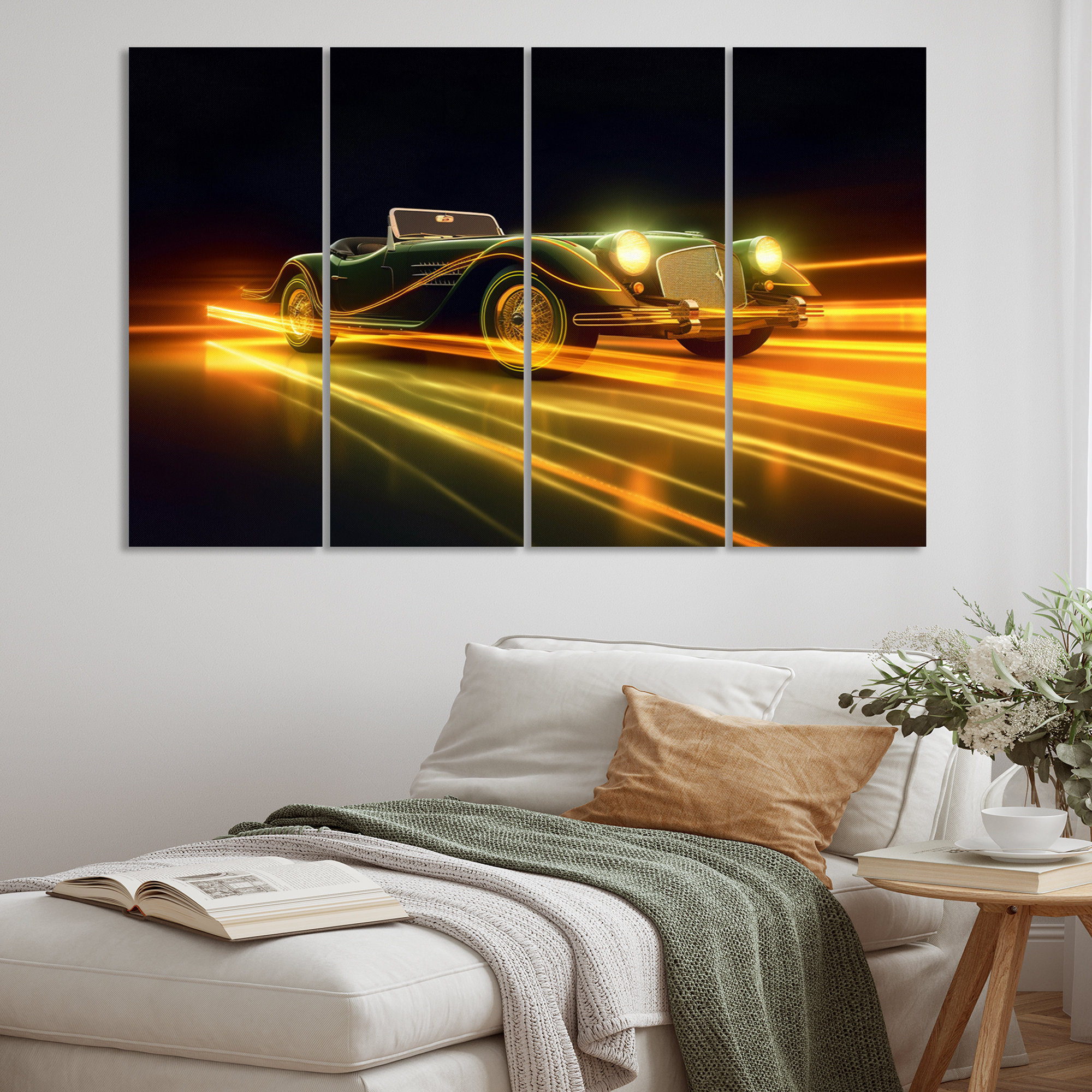 Design Art Yellow Neon Classic Car - Neon Car Wall Decor - 4 Panels ...