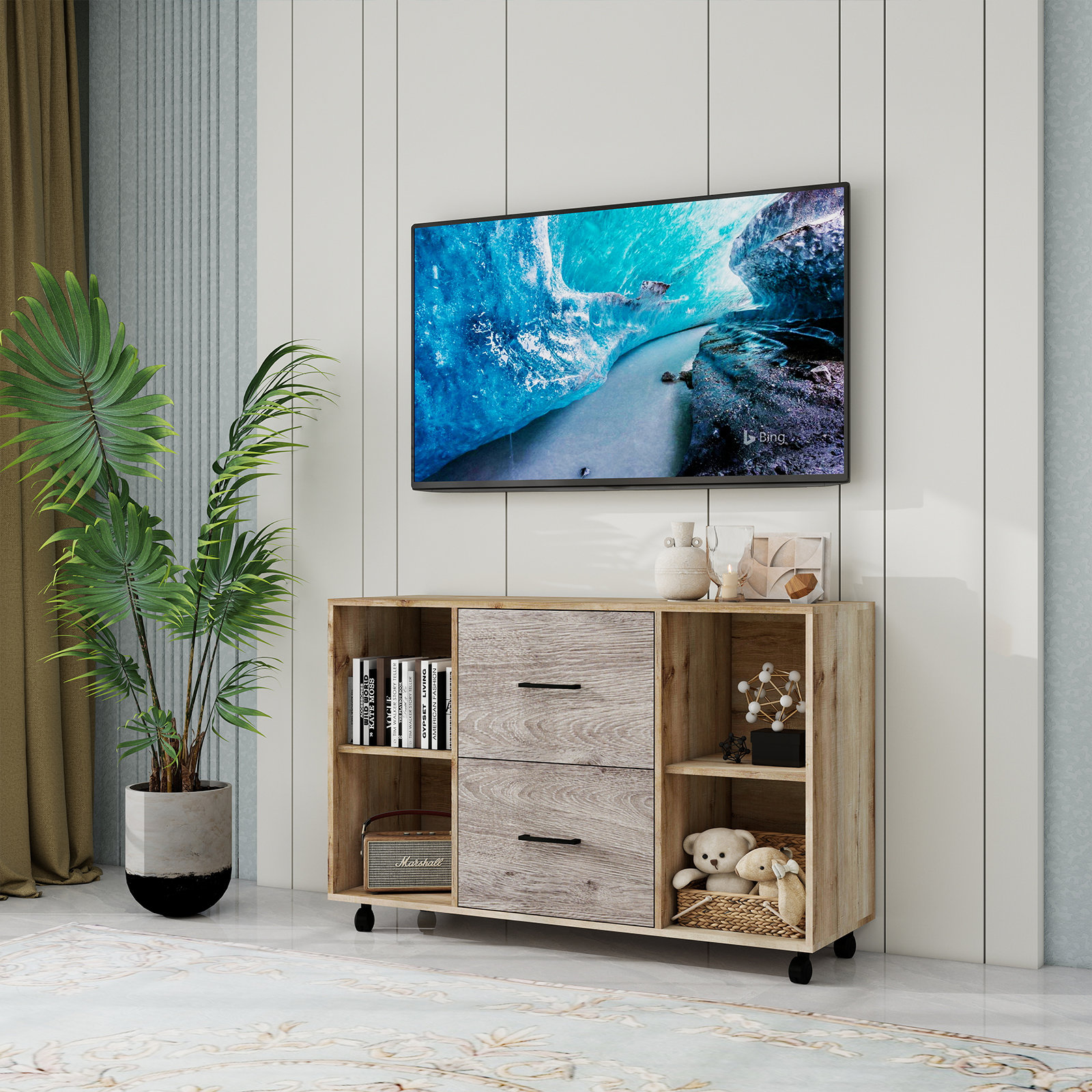 Gracie Oaks 35.43" Wood TV Stand, TV console with Wheels, Farmhouse ...