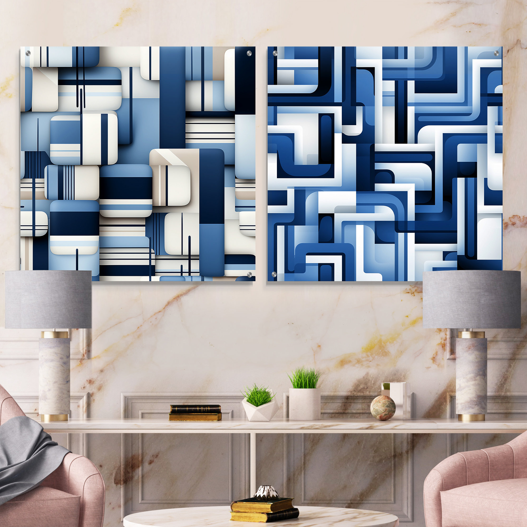 Design Art White And Blue Geometric Blocks Harmony - Abstract Geometric ...