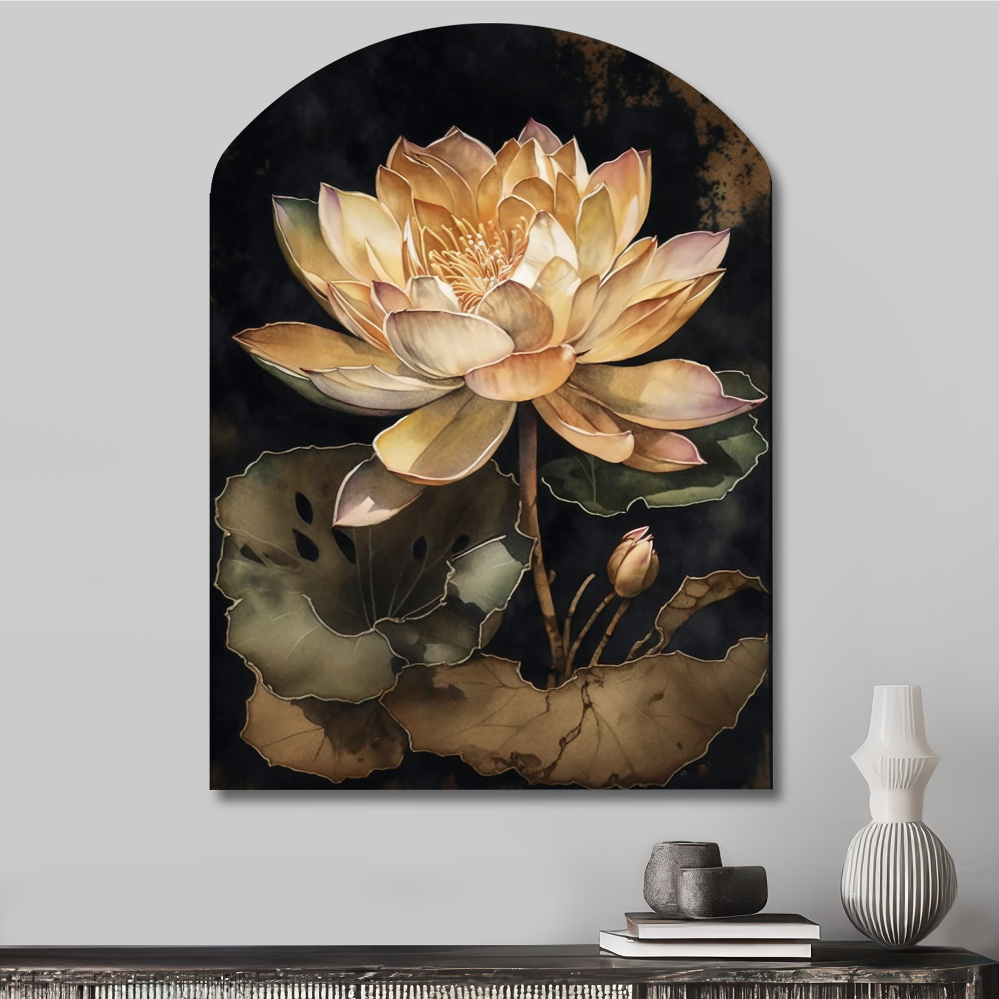 Design Art Blooming Vintage Lotus In The Pond I - Floral Lotus Arch ...