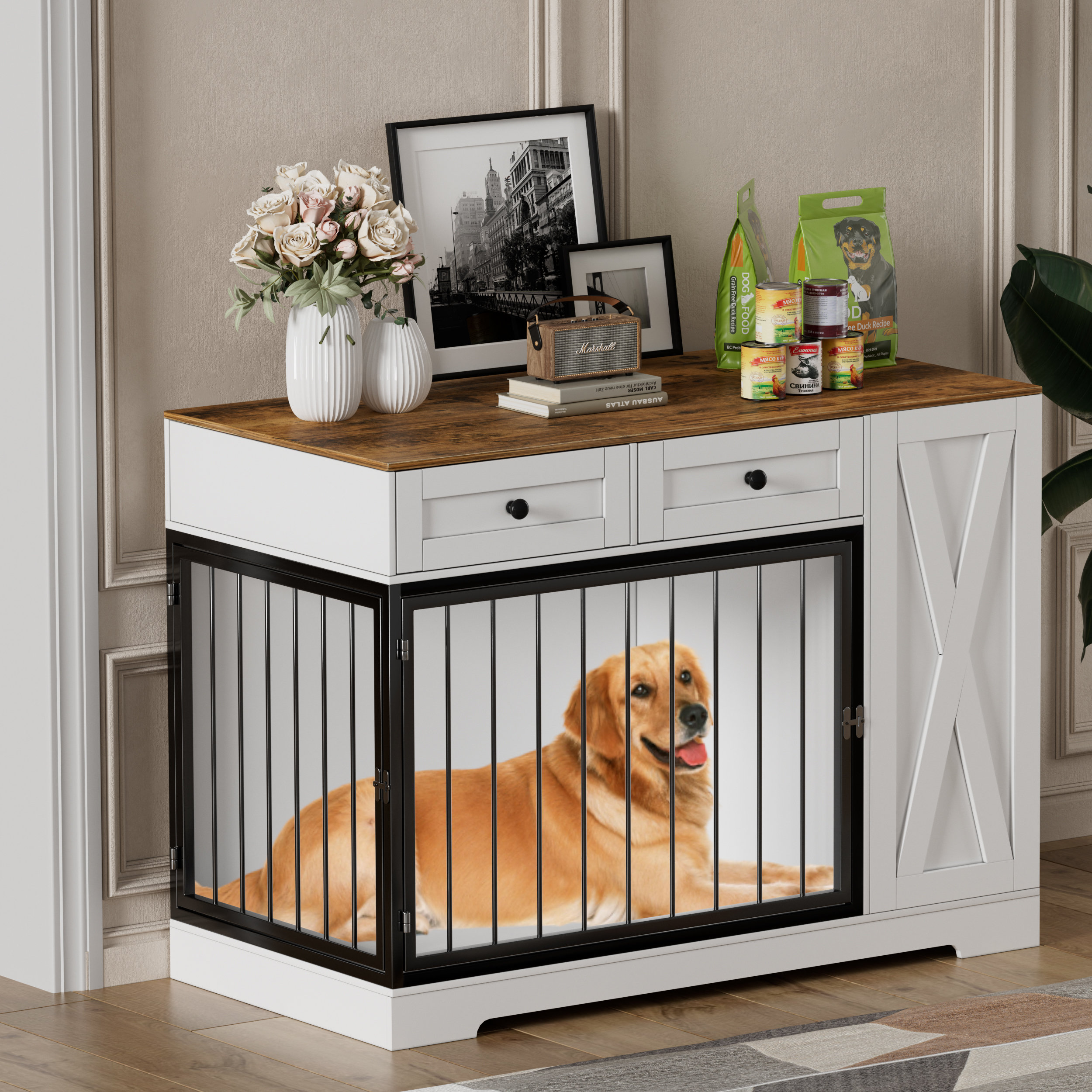 Tucker Murphy Pet™ Meuble de caisse en bois pour chien avec tiroirs, armoire latérale avec bols ...