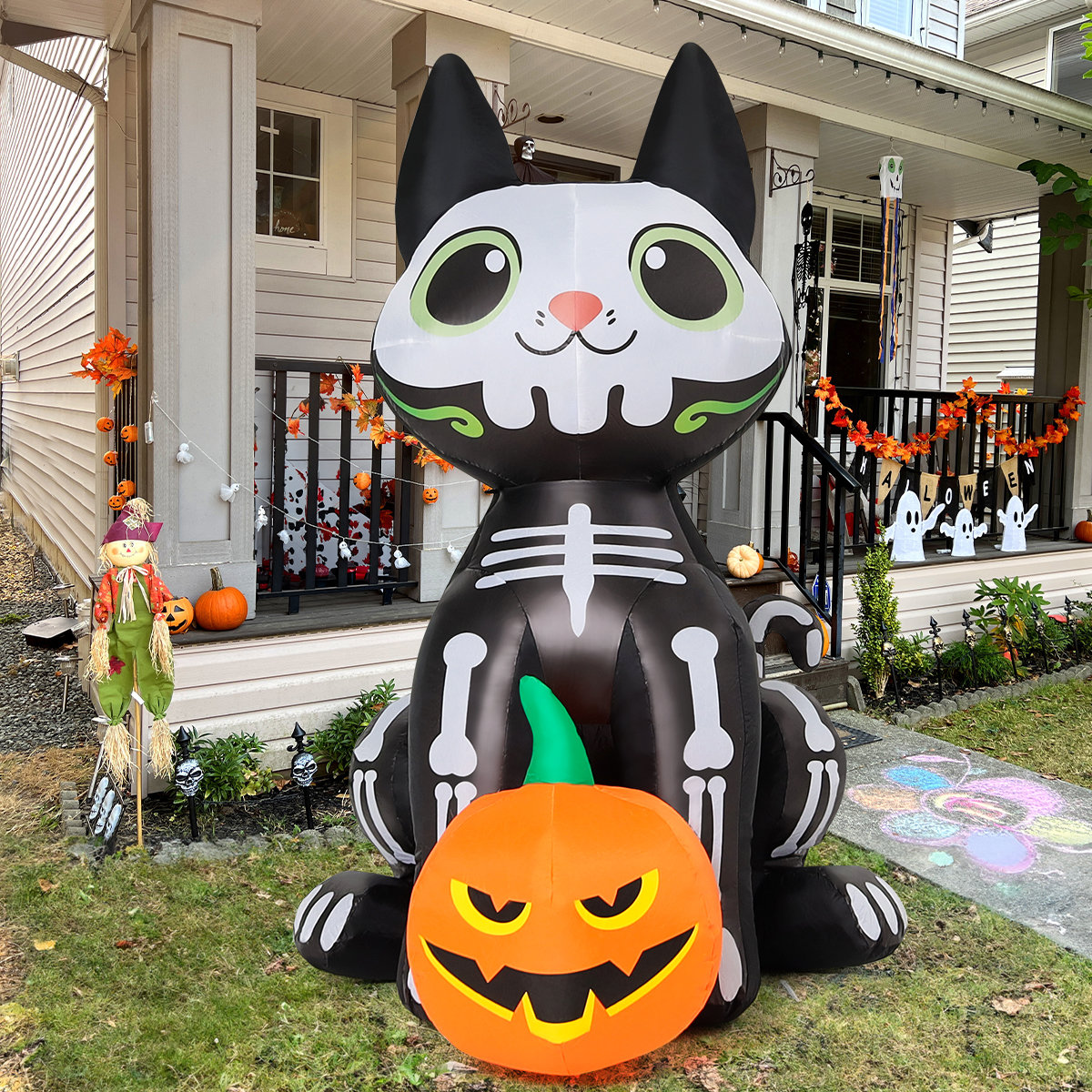 The Holiday Aisle® Halloween Inflatables 5 FT Skeleton Black Cat ...