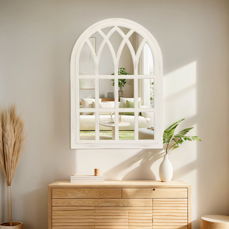 Gracie Oaks Distressed White Solid Wood Arch Mirror & Reviews | Wayfair