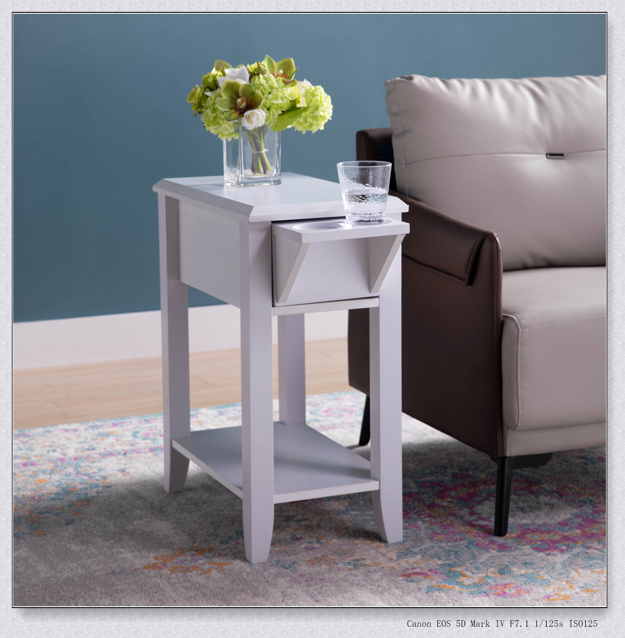 Ebern Designs White Modern Chairside Table with Two Cup Holders ...