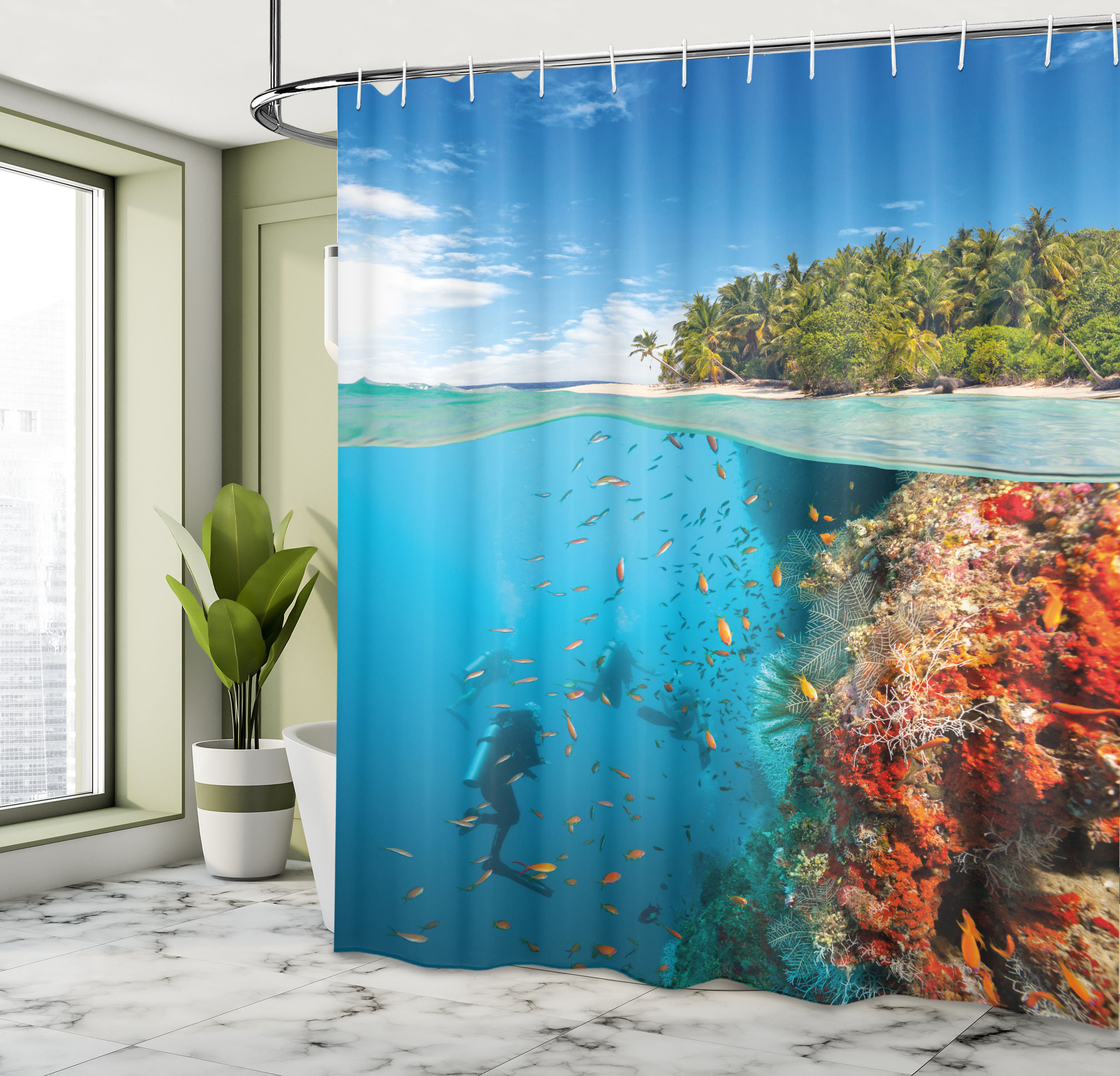 Dakota Fields Colorful Shower Curtain Divers in Coral Reef Image Azure ...