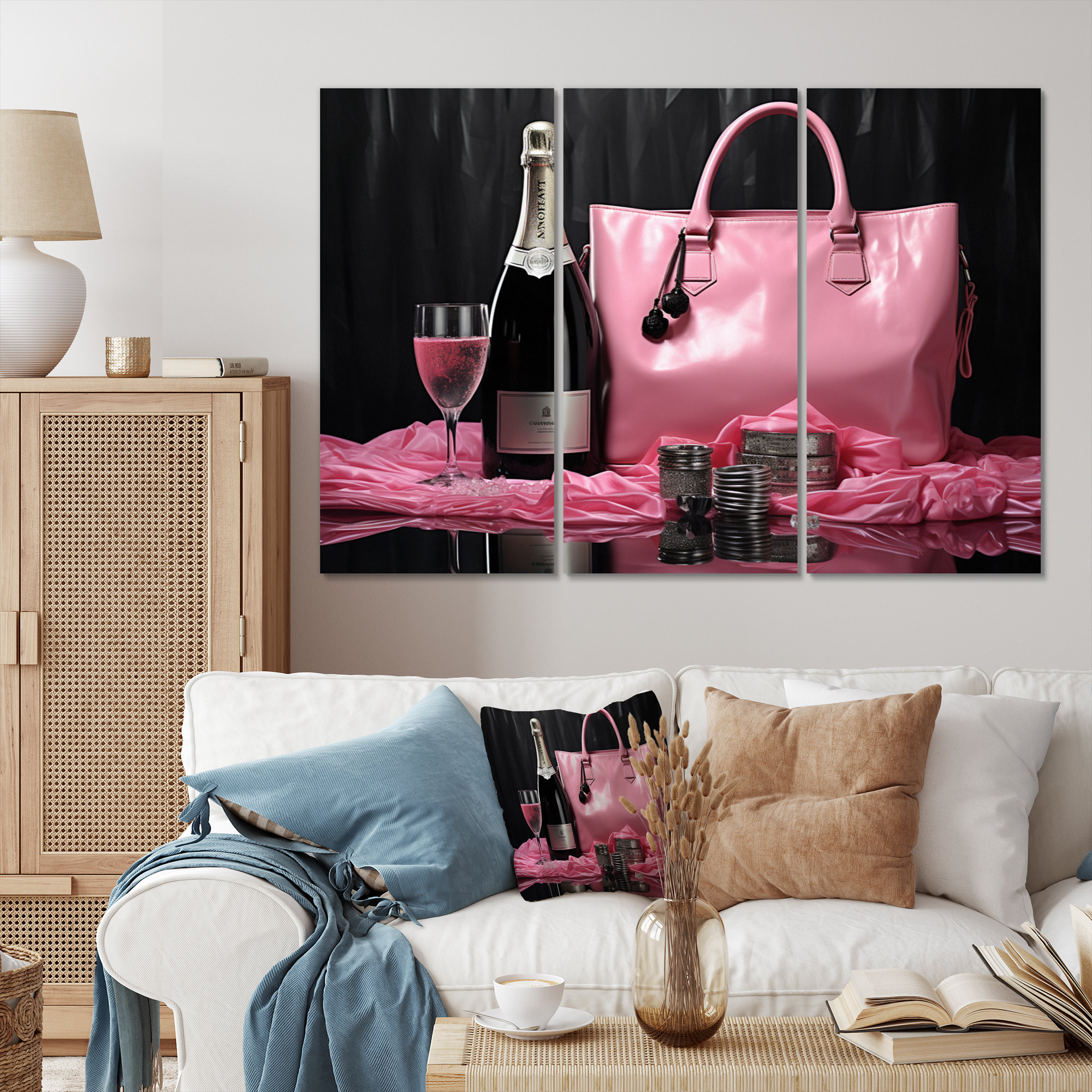 DesignArt Pink Fashion Bag & Champagne I - Fashion Metal Wall Art Prints Set | Wayfair