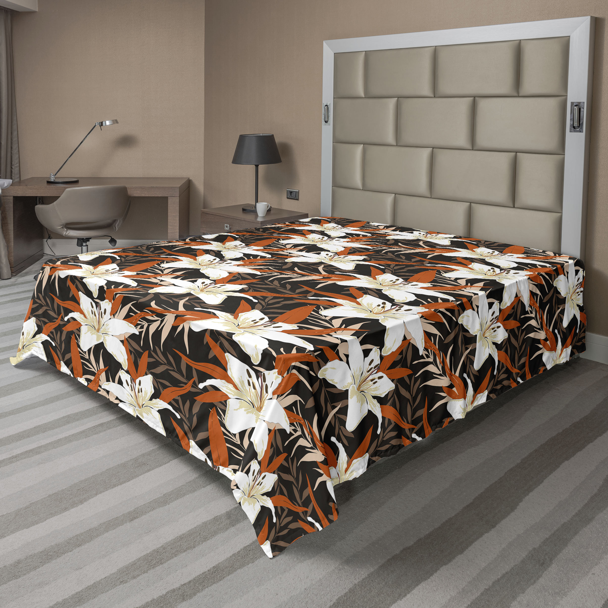 Ambesonne Dark Floral Flat Sheet Blossom of Lily Art Dark Orange Umber ...