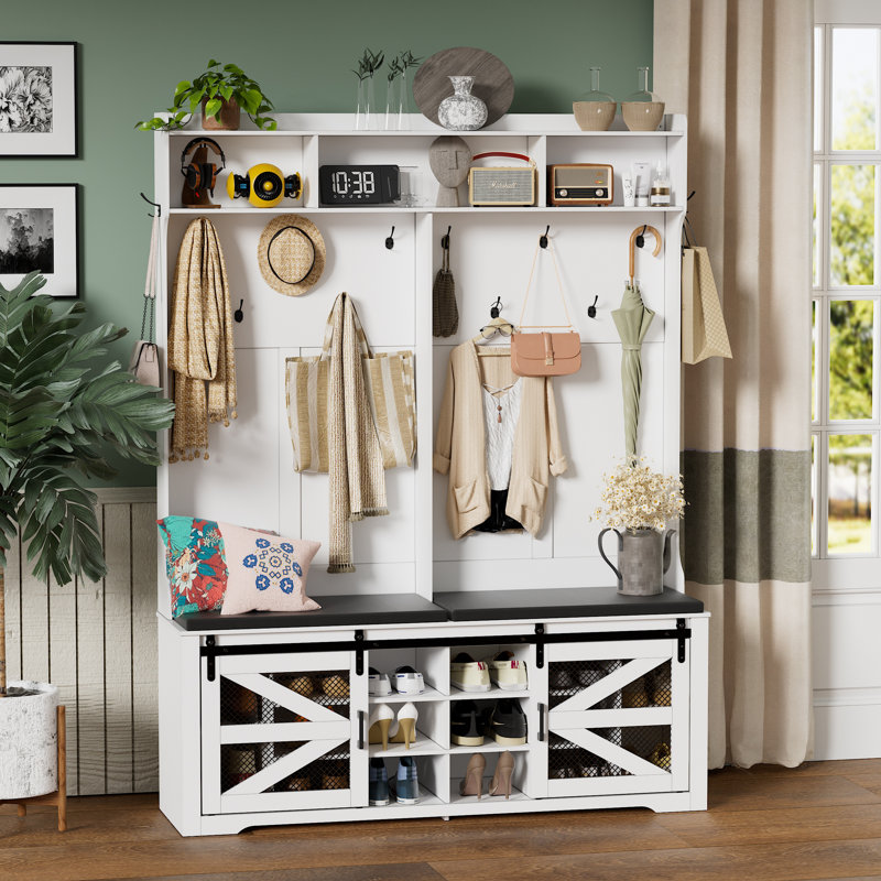 Rosalind Wheeler Farmhouse Entryway Bench With Coat Rack, 18 Shoe ...