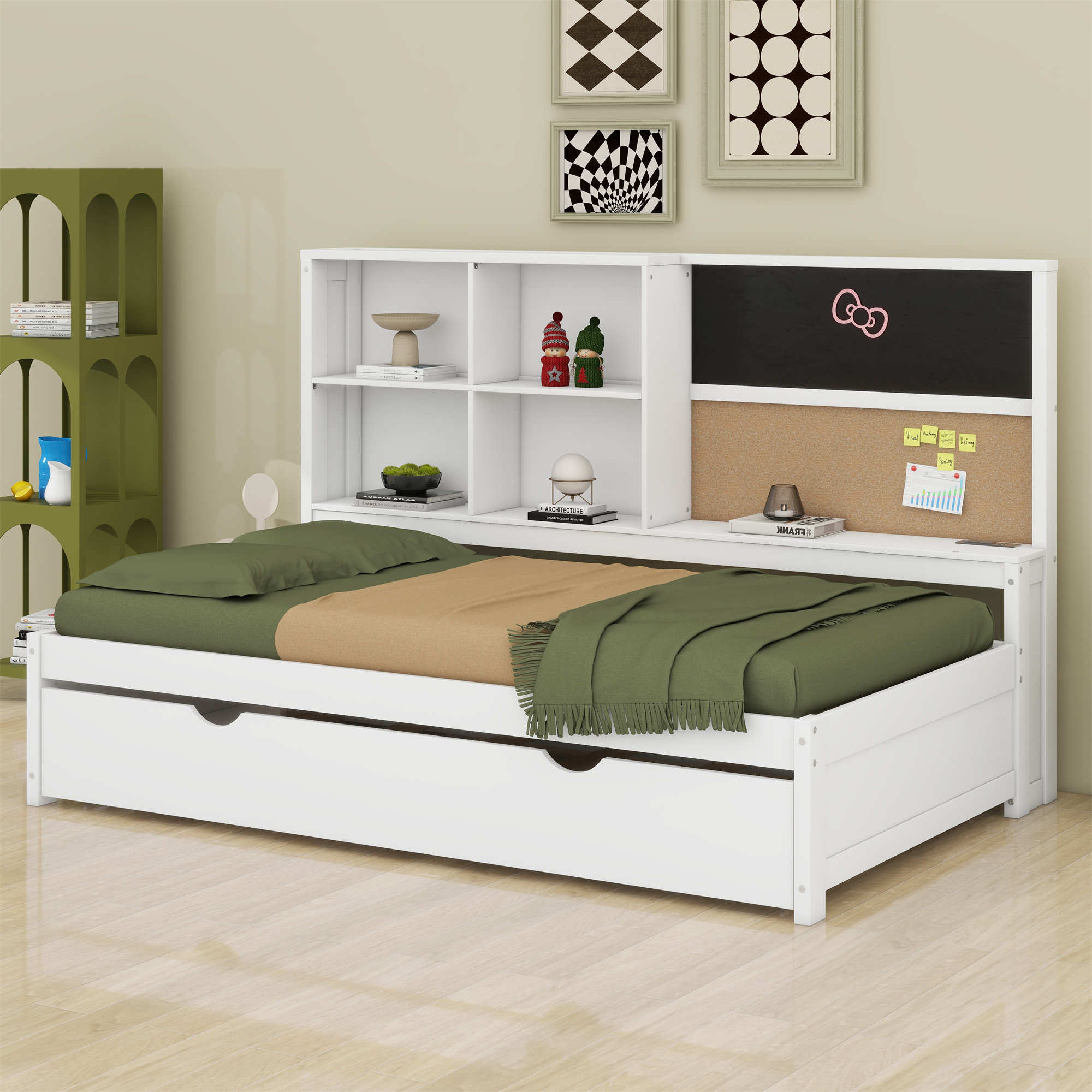 Lark Manor Daybed With Storage Shelves, Blackboard, Cork Board, USB Ports And Trundle - Wayfair ...