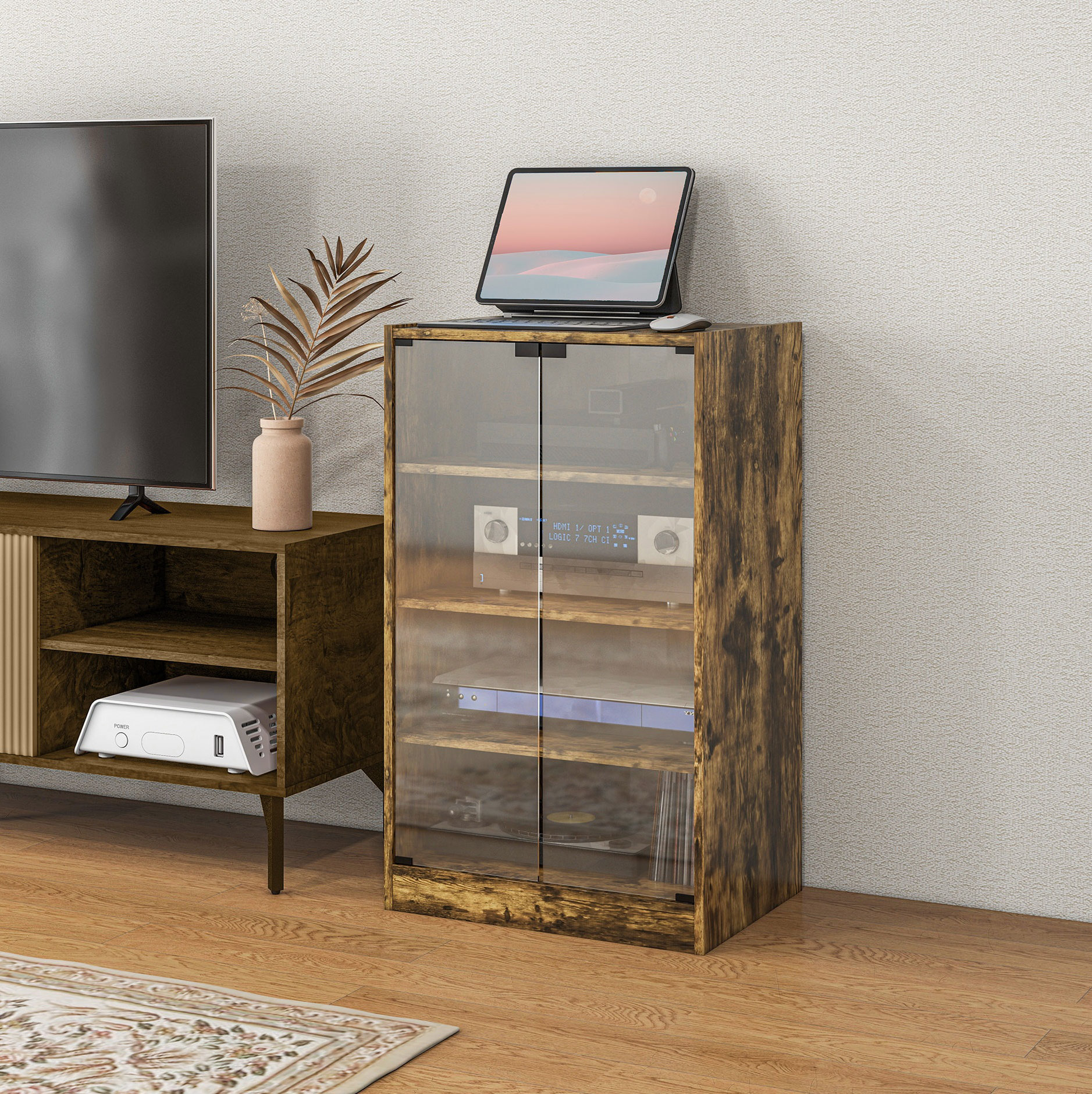 Wrought Studio™ Modern audio and video media cabinet with adjustable ...