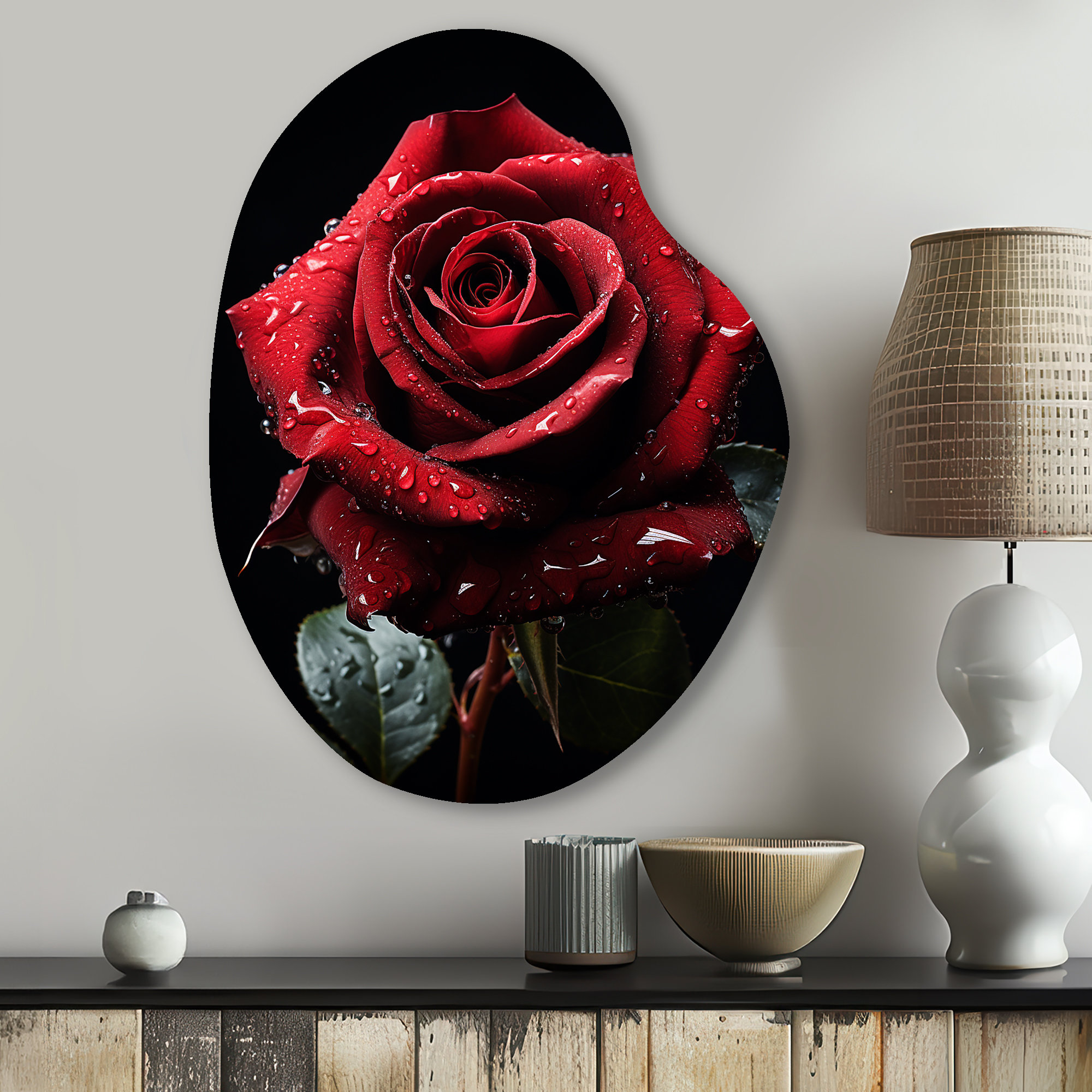 Design Art Red Black Rose Elegance I - Rose Pear Shape Asymmetric Metal ...