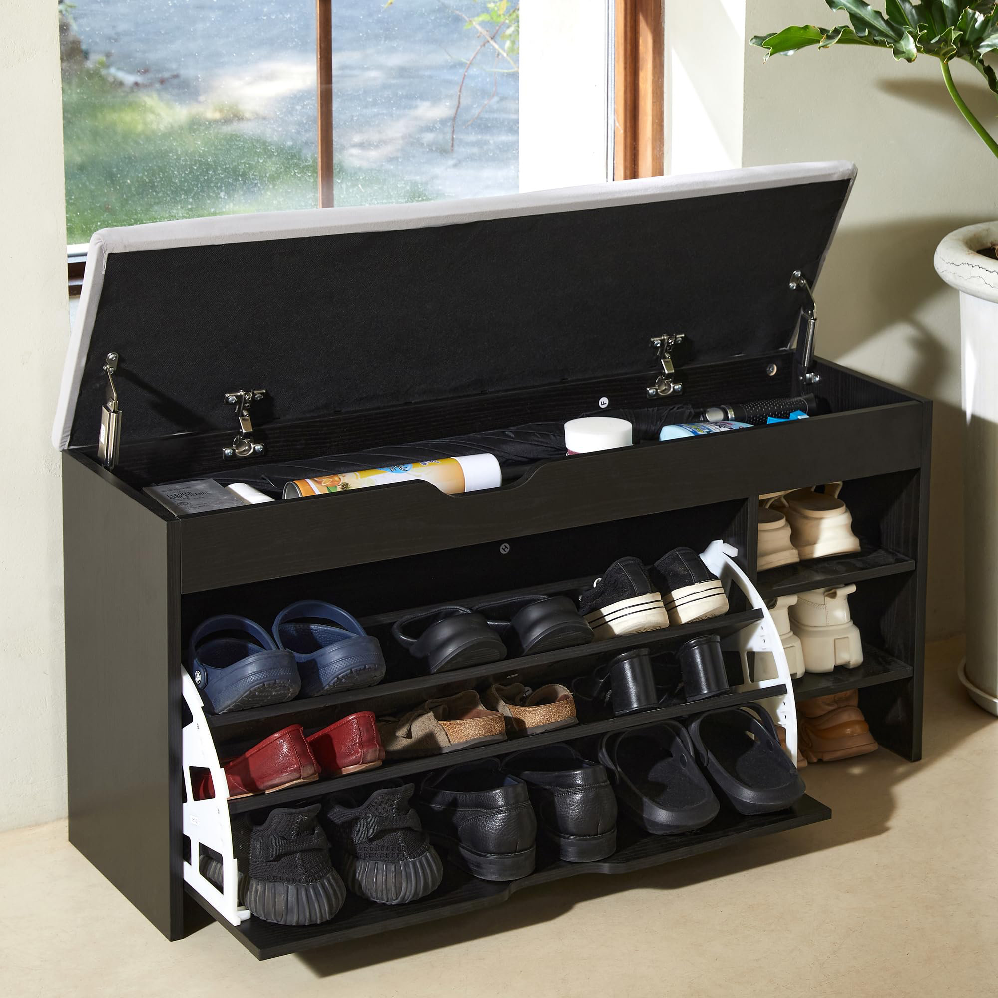 Latitude Run® 3-Tier Shoe Entryway Bench With Cushion, Shoe Rack Bench ...