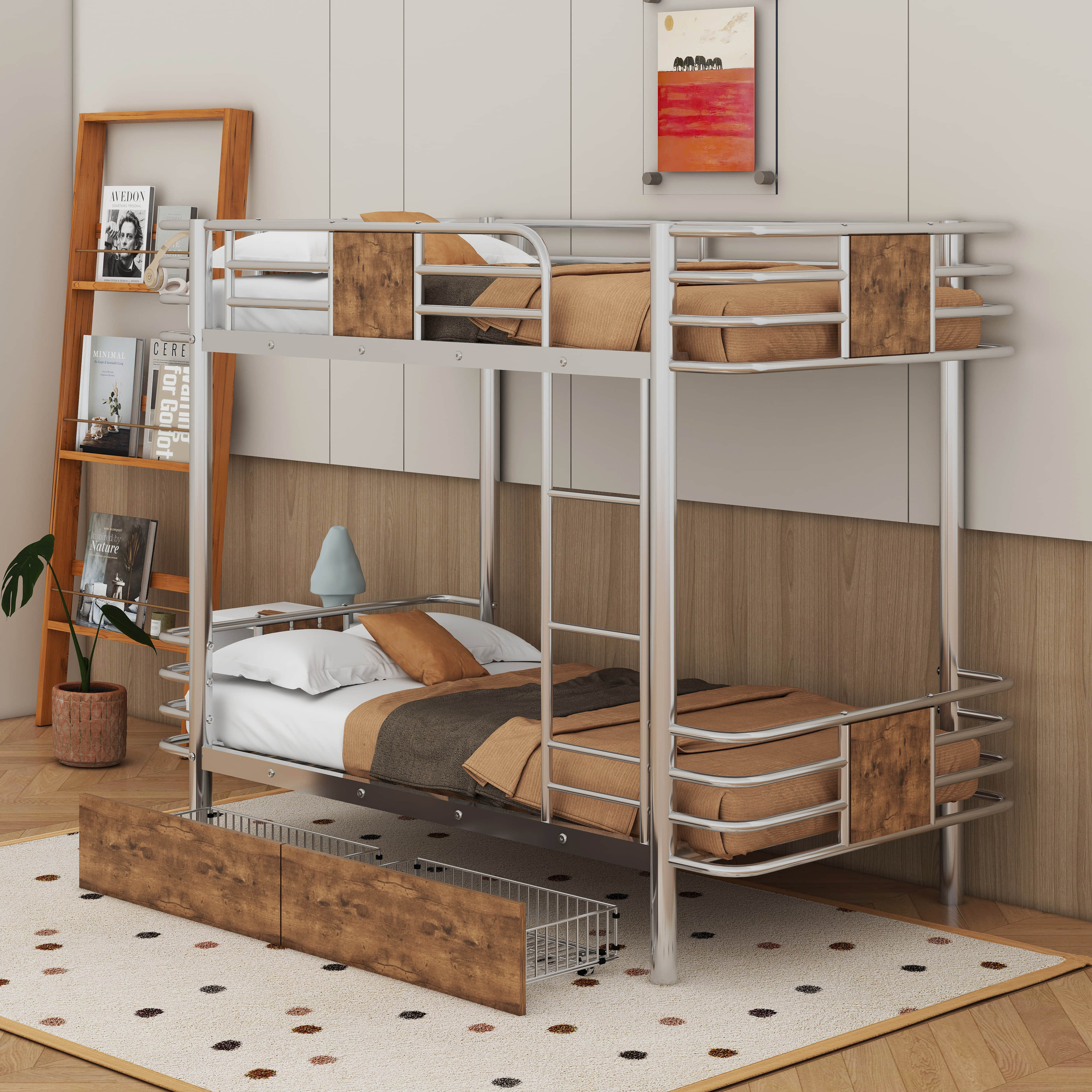 17 Stories Twin XL Over Twin XL Metal Bunk Bed With MDF Board Guardrail ...