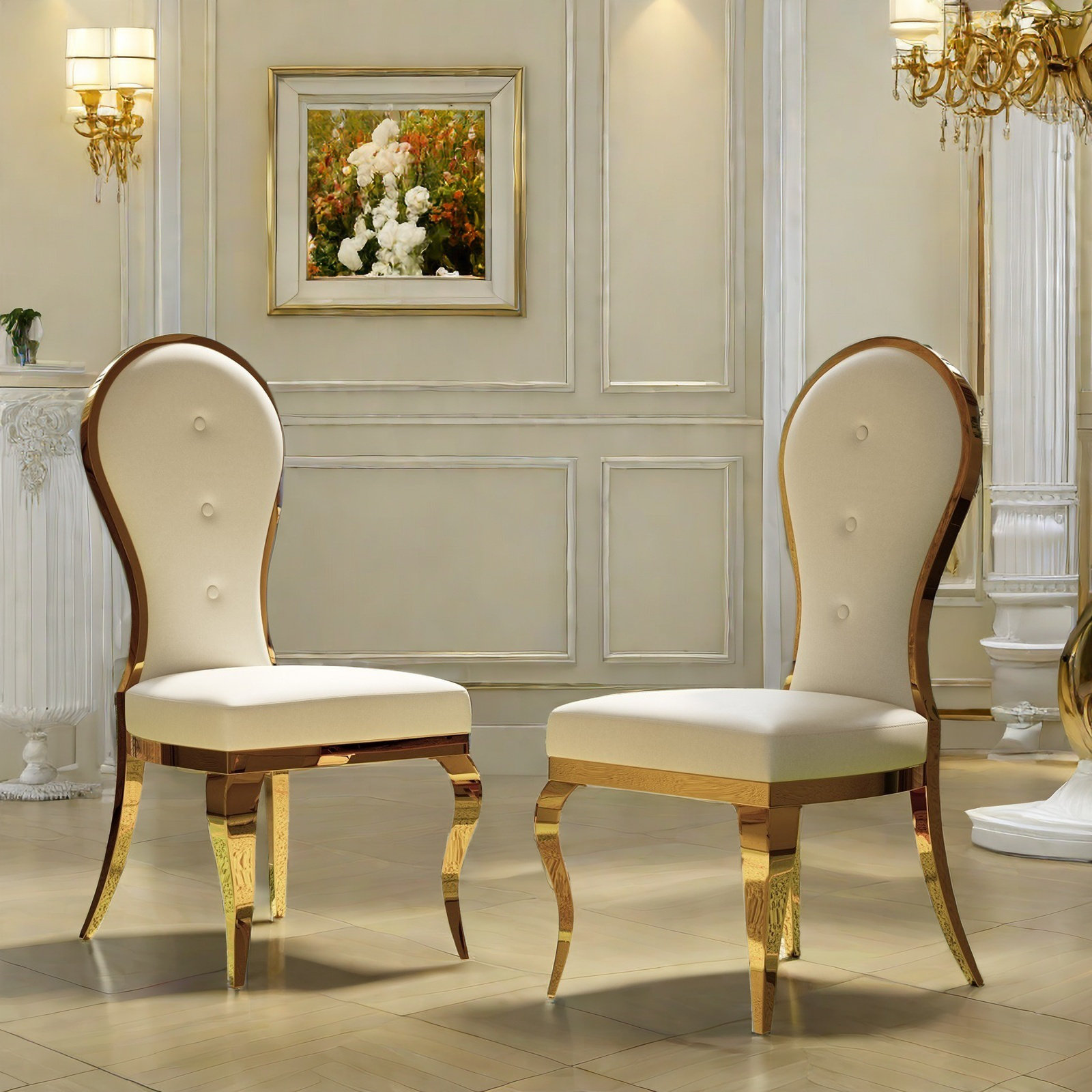 jajaplus Luxury White Faux Leather Kitchen Dining Chairs With Polished ...