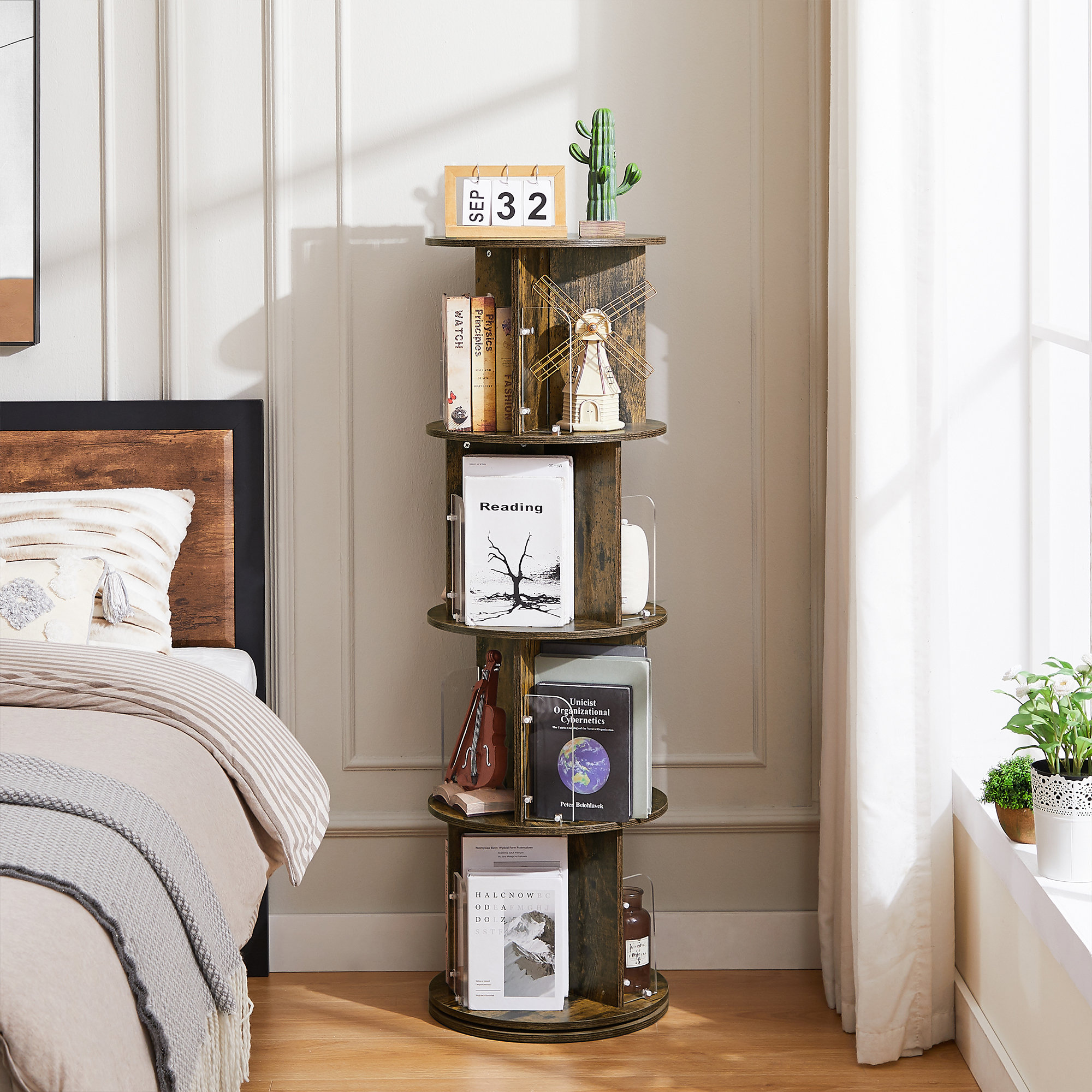 Ebern Designs Jadeyn Rotating Bookshelf 4 Tier 360° Revolving Floor ...