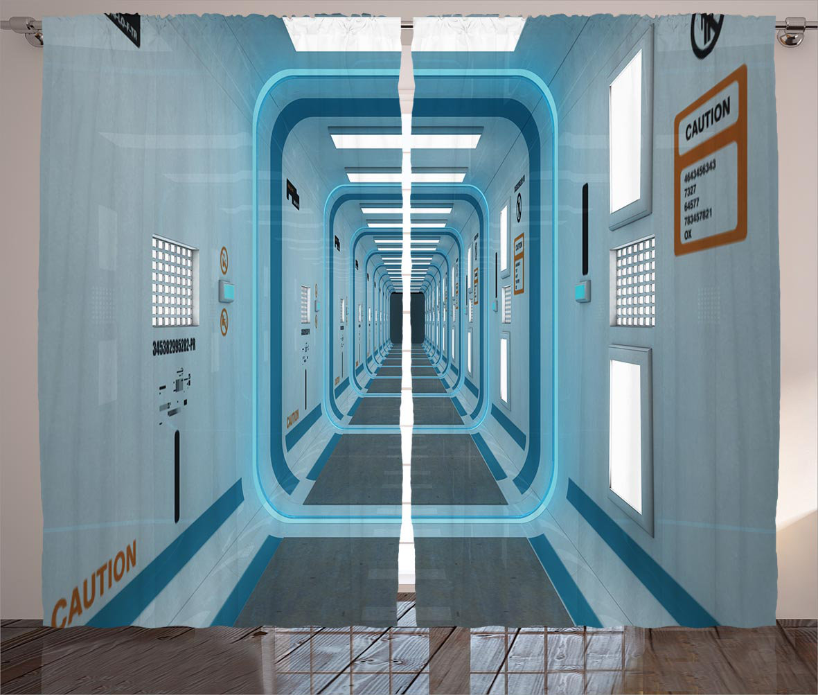 Ambesonne Outer Space Galactic Hallway with Caution Signs Discovery Ufo ...