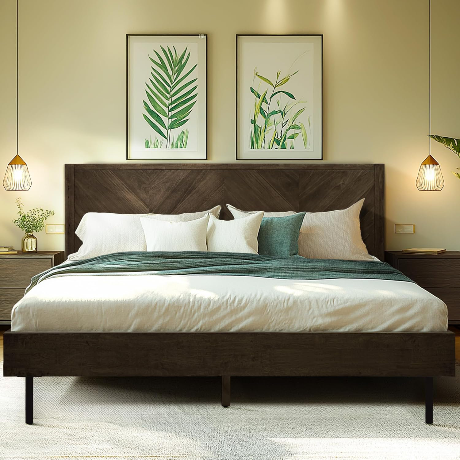 Solid Wood Bed Frame with Headboard Platform Bed Handcrafted Pattern Scandinavian Signature Bedroom Furniture 800 lbs Capacity Loon Peak Color