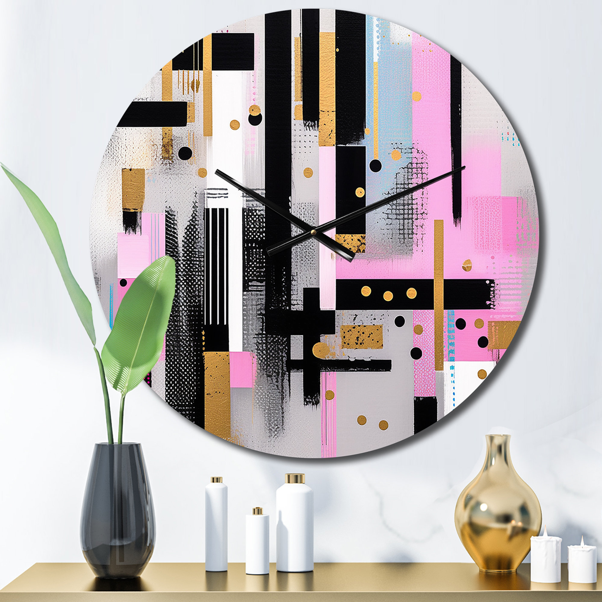 Design Art Pink Gold Bold Stripes Metal Wall Clock | Wayfair