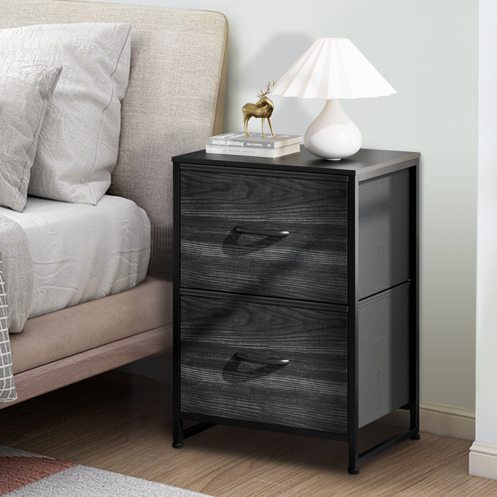Hokku Designs Wewoka Steel Nightstand with 2 Deep Fabric Drawer ...