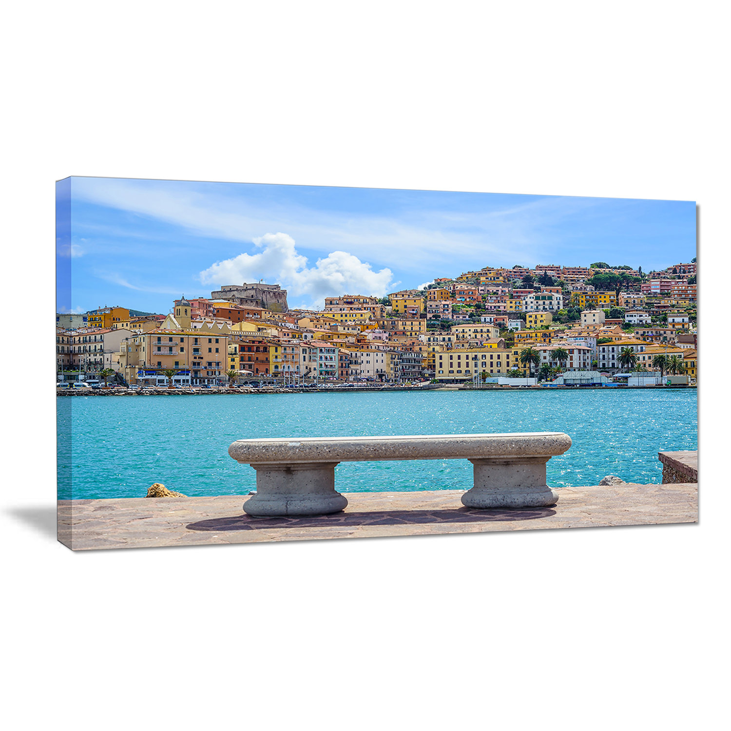Design Art Seafront Bench in Port Santo Stefano - Wrapped Canvas ...