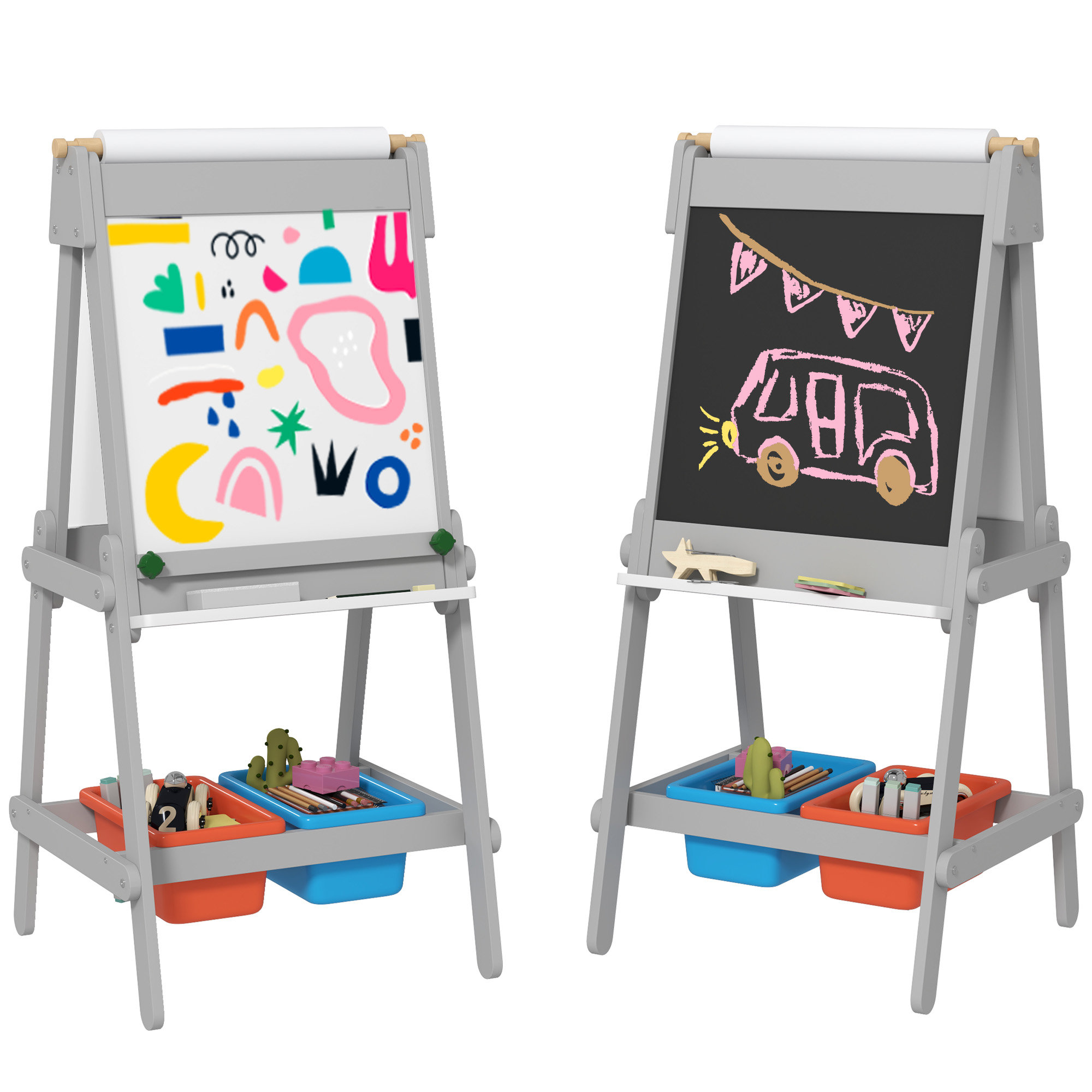 Qaba Art Easel, Easel for Kids with Paper Roll, Double Sided Whiteboard ...