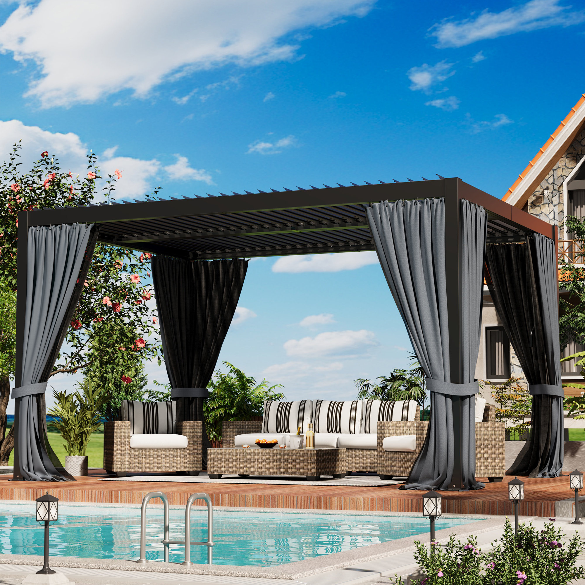 LFCREATOR Metal Pergola With Hardtop Roof, Purple Leaf Pergola For ...