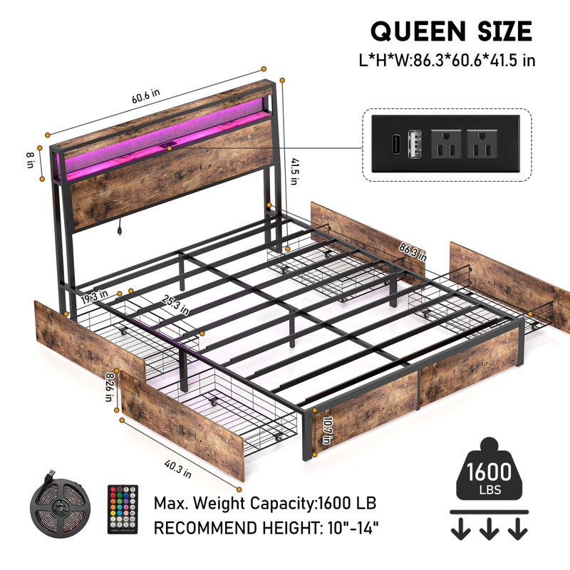 Wrought Studio™ Queen Full Bed 4 Storage Drawers 2 Tier LED Lights ...