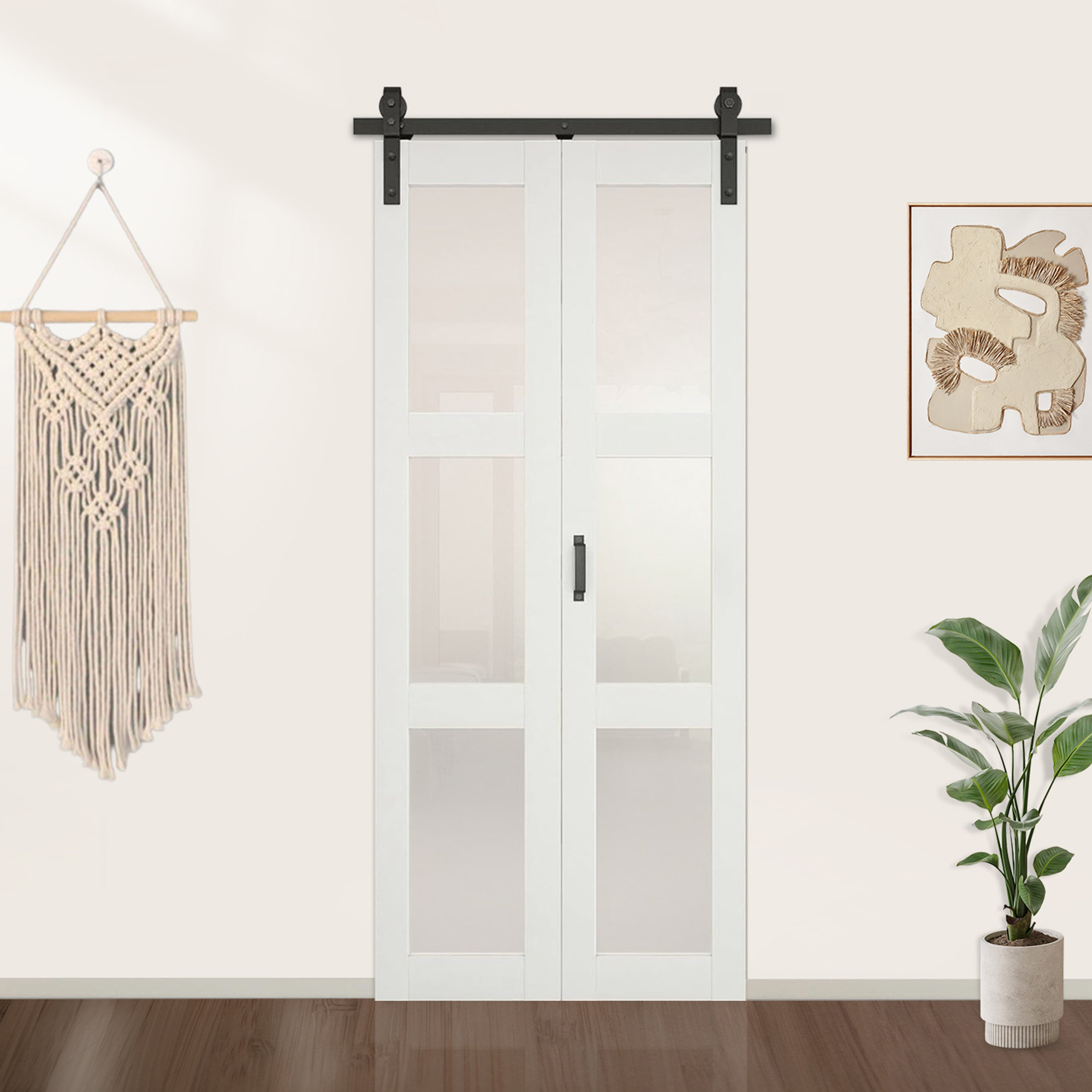 JUBEST 3-Lite Bi-Fold Barn Door Frosted Glass Manufactured Wood With ...