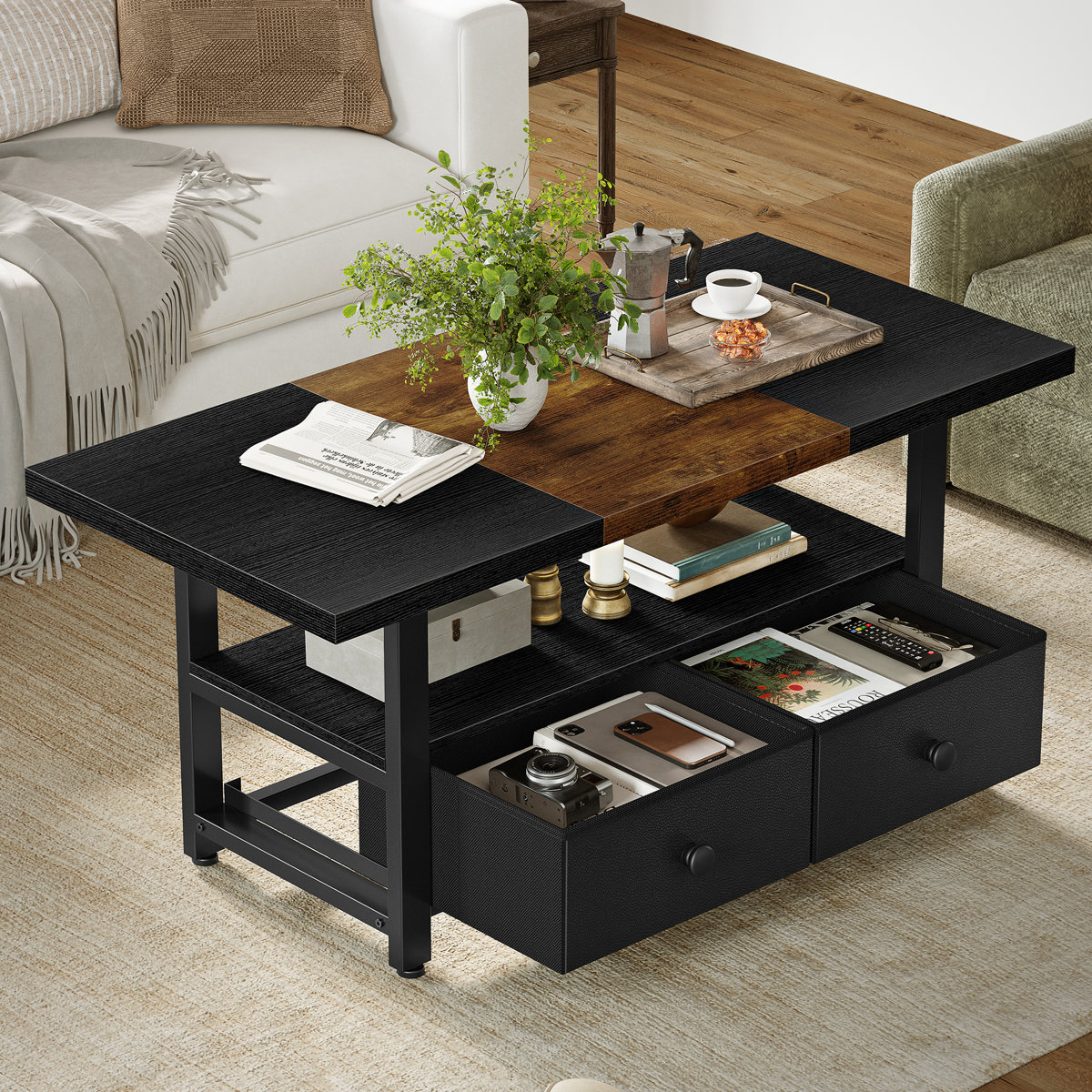 17 Stories Wynny Farmhouse Wood Coffee Table, Small Cocktail Table with ...