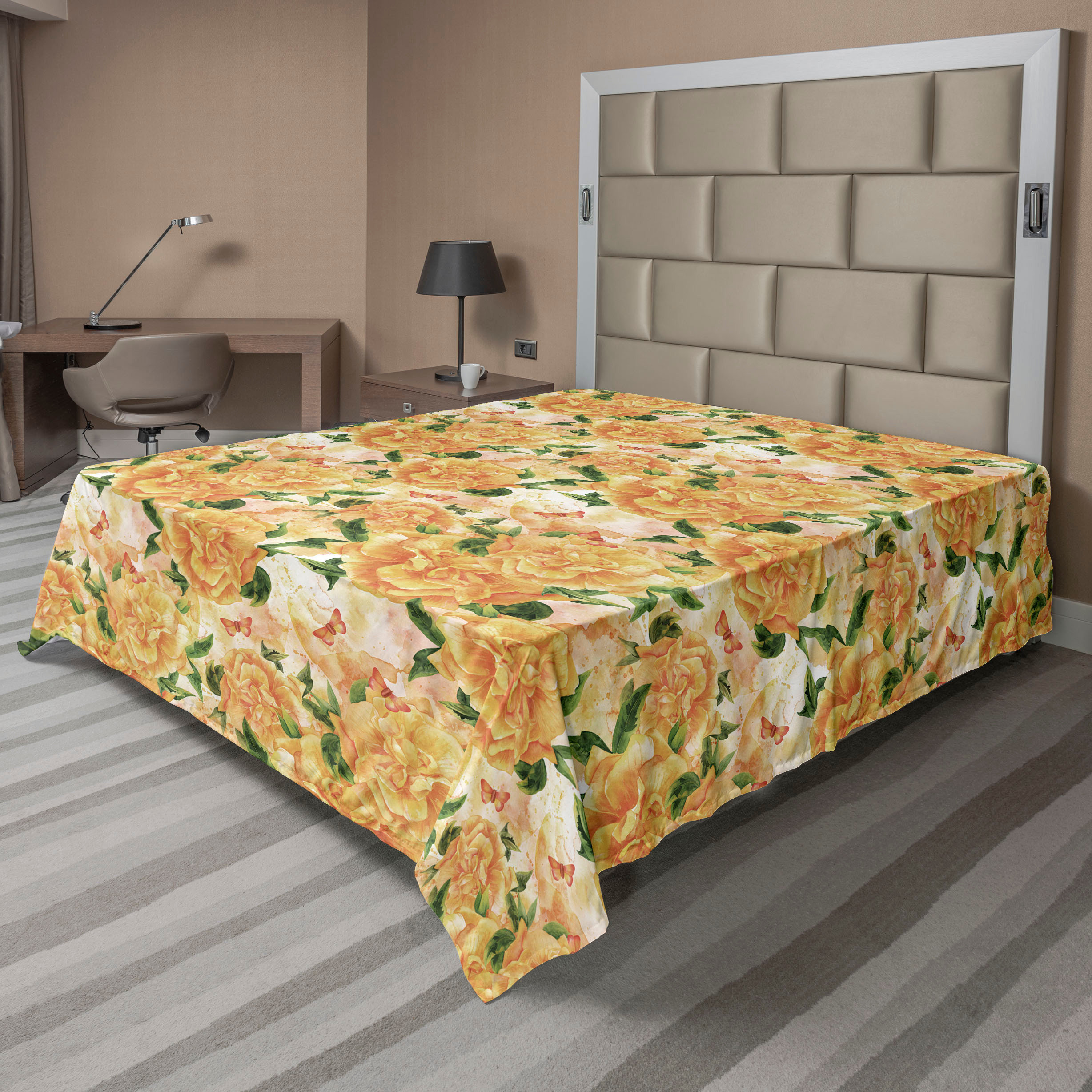 Ambesonne Springtime Flat Sheet Tangerine Tone Roses Art Orange Green ...