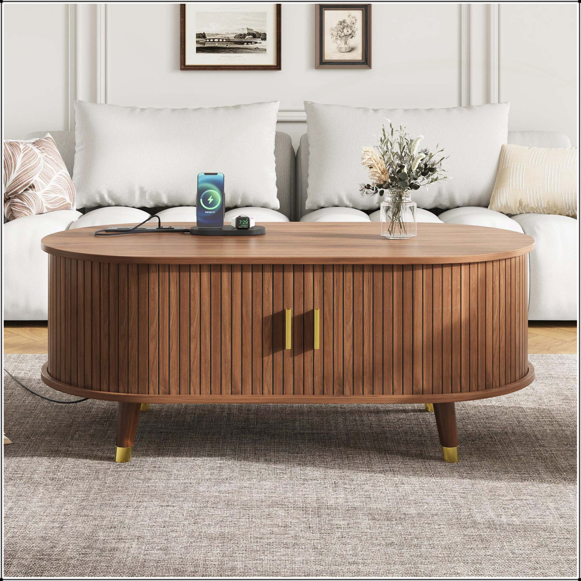 George Oliver Wooden Oval Fluted Coffee Table with Charging Station ...