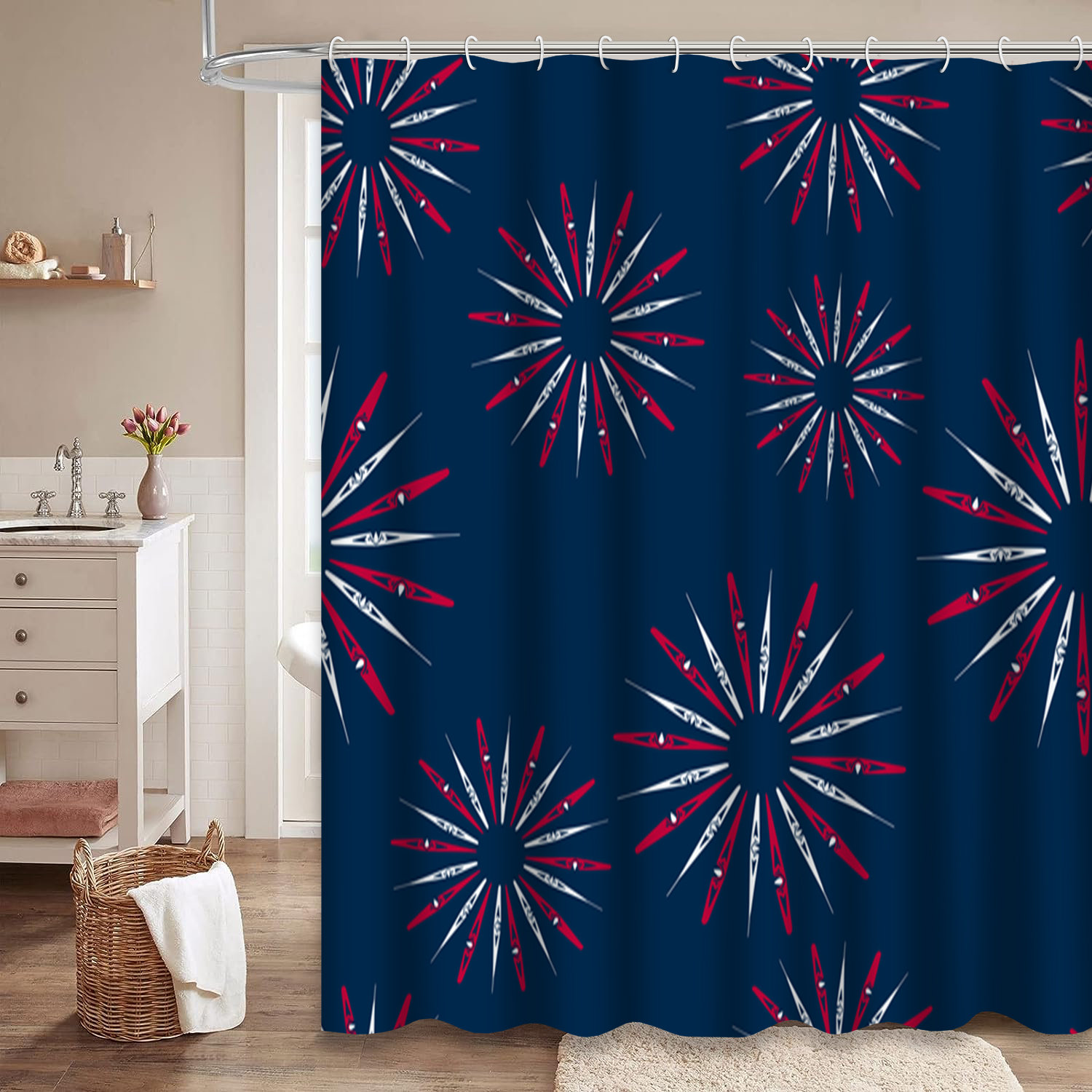 East Urban Home Blue Firework Shower Curtain, 72 in, 12 Hooks, Seamless ...