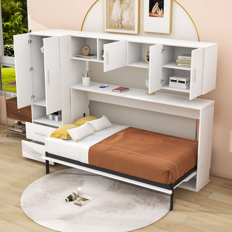Latitude Run® Twin Murphy Bed with Built-in Wardrobe, Table, 2 Drawers ...