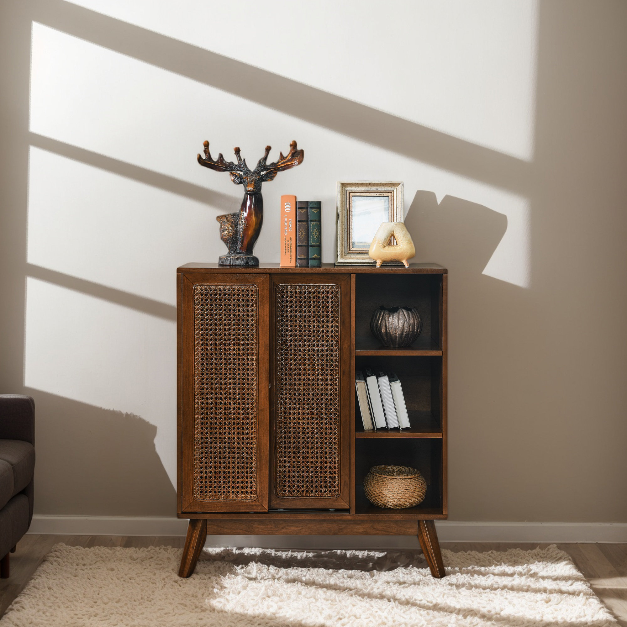 Bay Isle Home™ Mid-Century Modern Rattan Storage Cabinet With ...