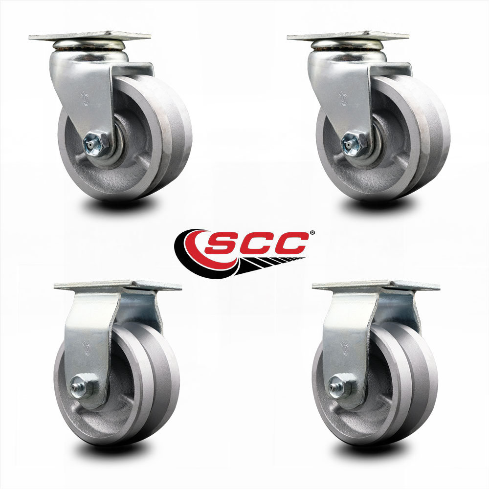 Service Caster 4 Inch V-Groove Semi Steel Caster Set with Ball Bearings ...