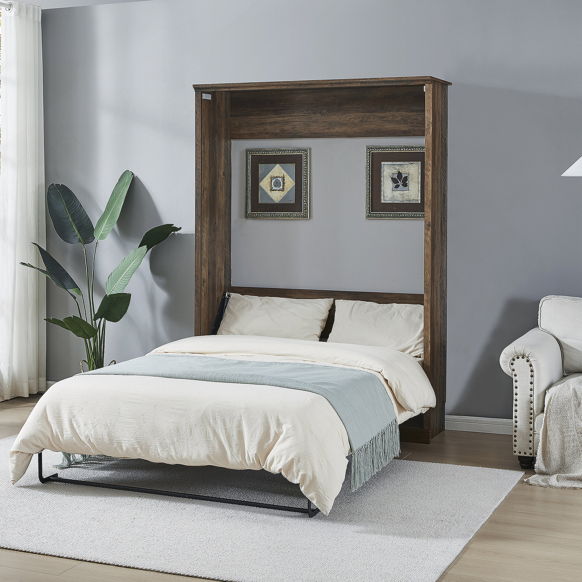 Orren Ellis Queen Size Half Self-Close and Open Murphy Bed Cabinet Space-Saving Bed Perfect ...