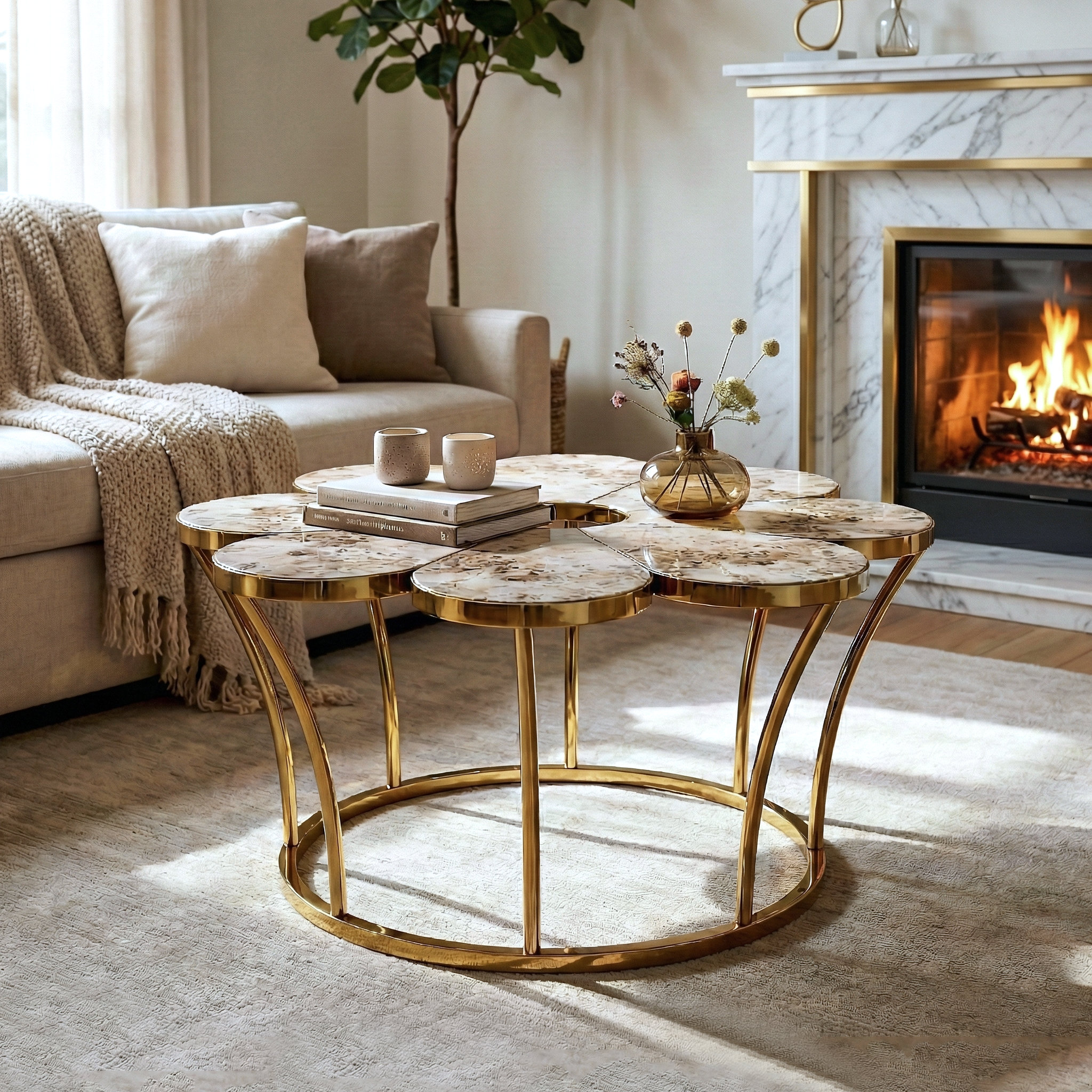 Hokku Designs 39" Modern Glam Flower Shaped Coffee Table, Sintered ...