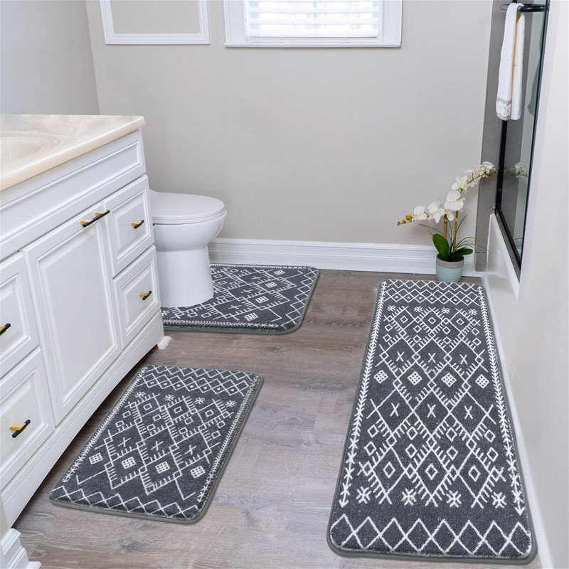 Union Rustic 3 Piece Grey Bathroom Bath Rugs Washable Shaggy Bathroom ...