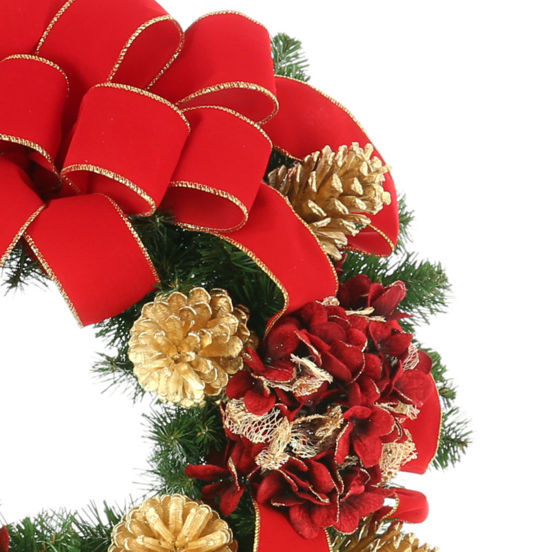 The Holiday Aisle® Johnavan Hydrangea and Pinecone Holiday Red Ribbon ...