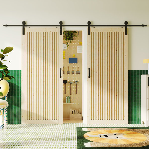 CHIC MODE Grille Design Interior Barn Door 1 Lite Pine Modern Barn Door ...