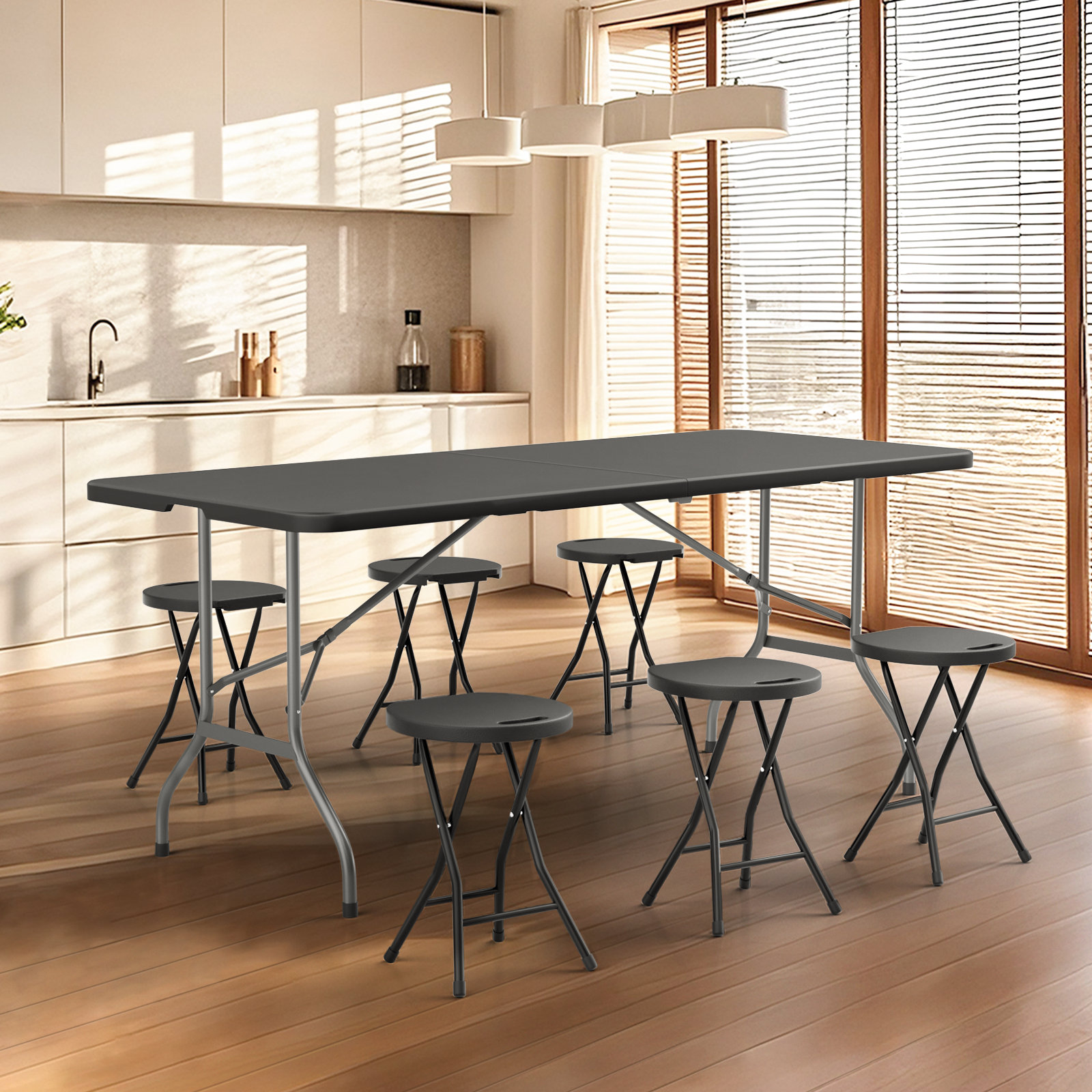 MoNiBloom 7-Piece Rectangular Folding Plastic Dining Table with 6 ...