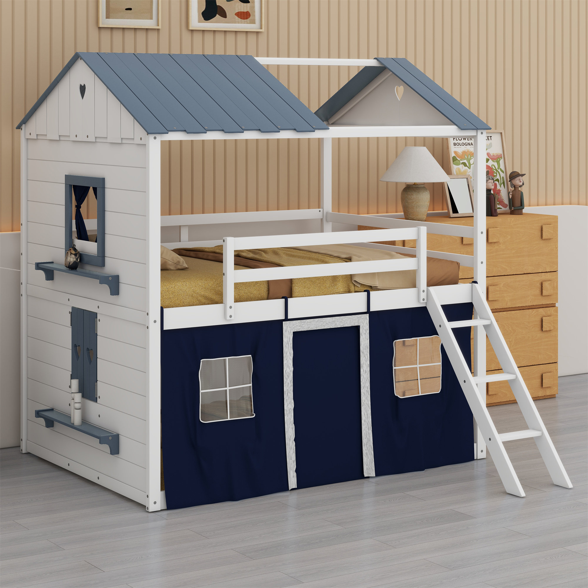 Harper Orchard Bunk Wood House Bed With Elegant Windows, Sills And Tent ...