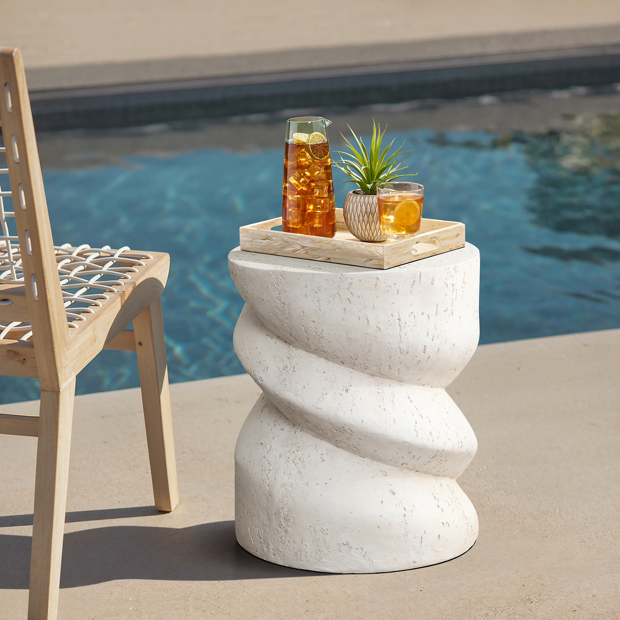 Millwood Pines 19.3'' H White Outdoor Side Table, Faux Travertine Side ...